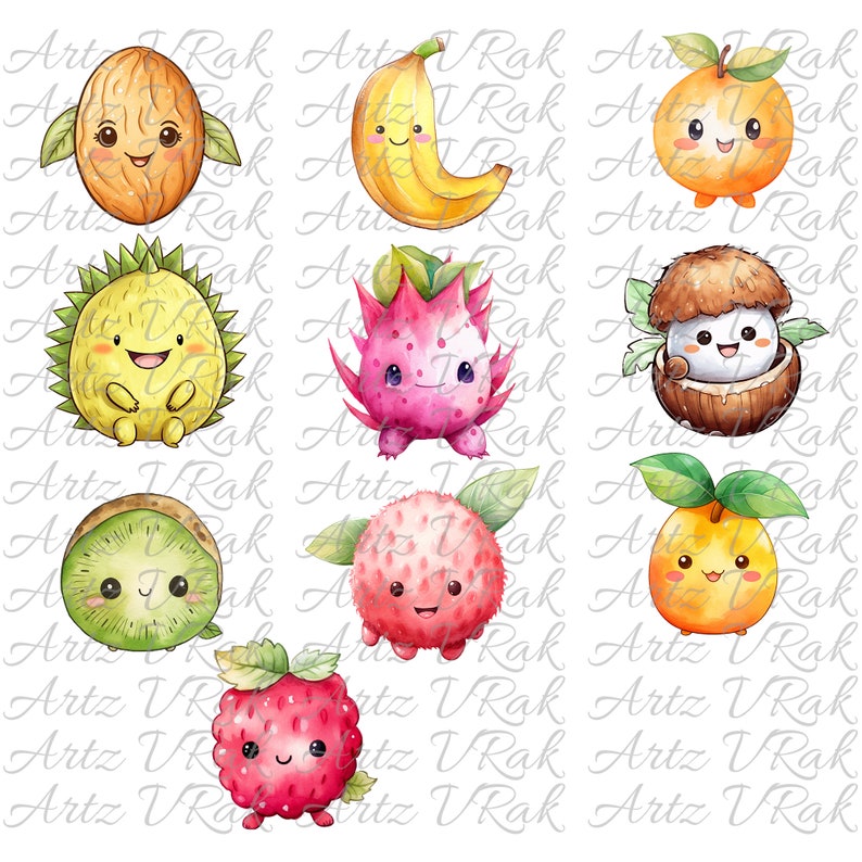 Bundle Watercolor Kawaii Fruit Clipart Bundle Fruits & Vegetables ...