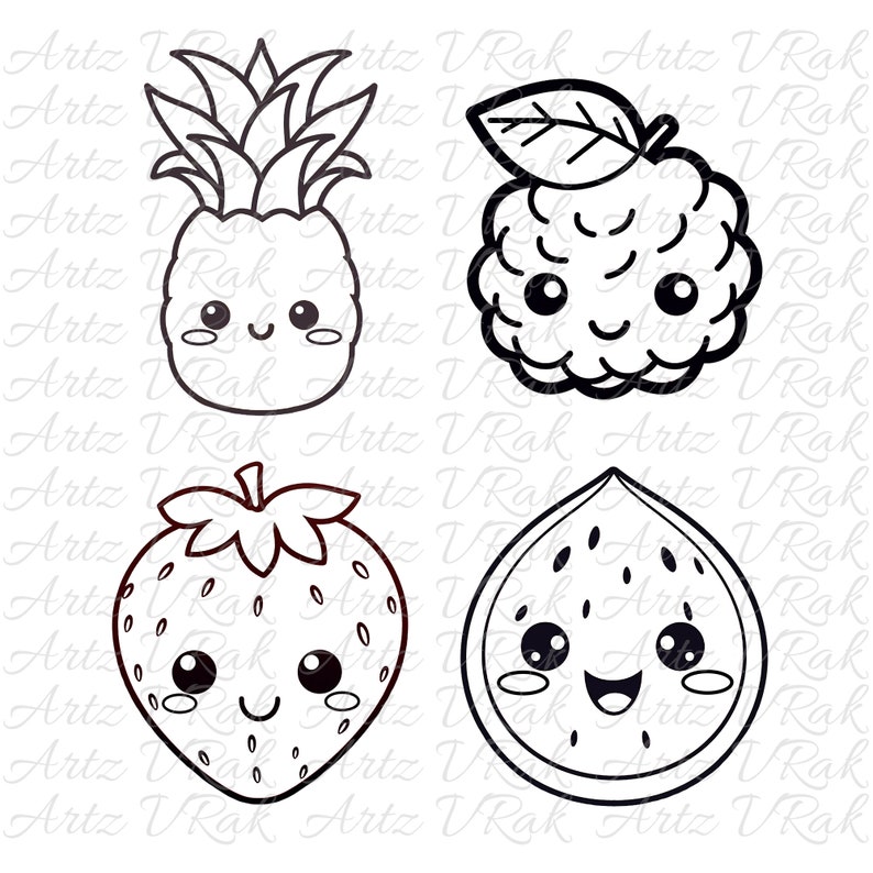 Clipart Coloring Page Kawaii Fruits - Clipart Cute Fruits Black & White ...