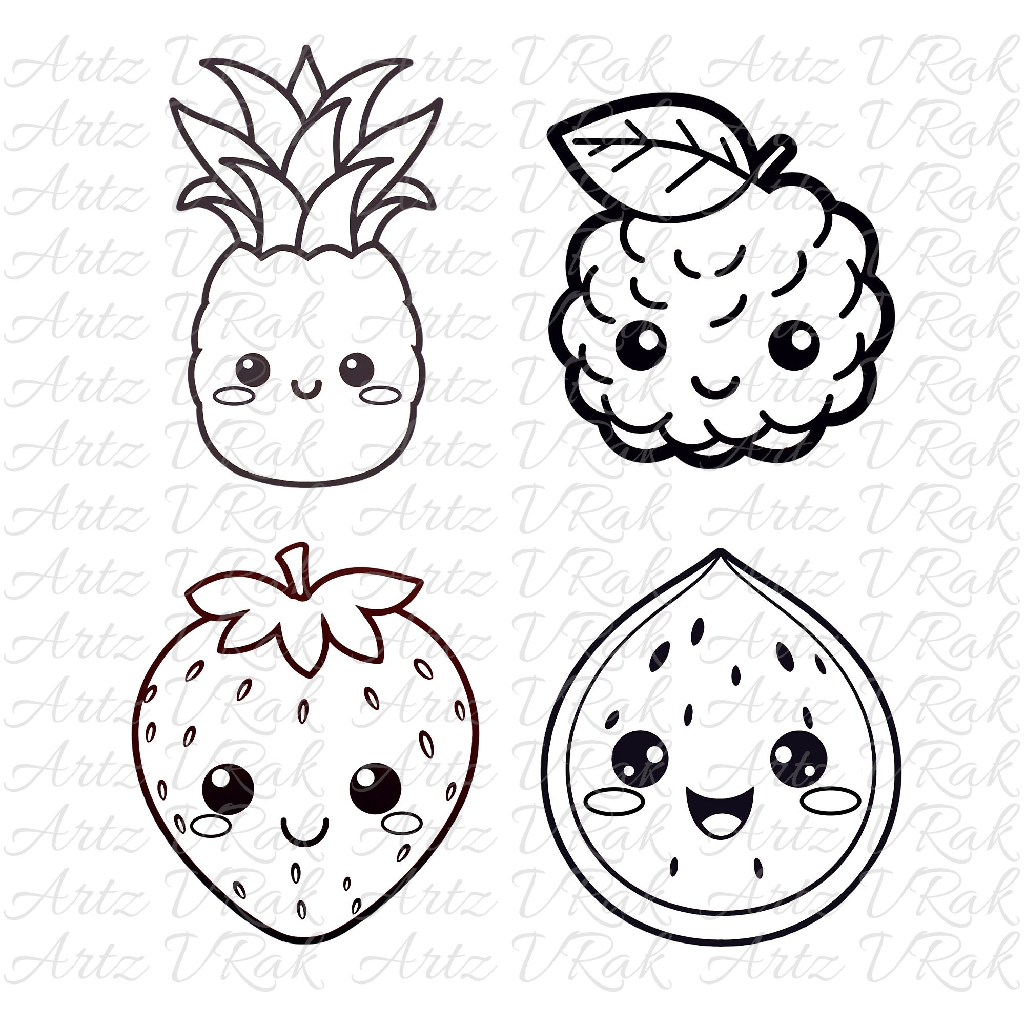 Clipart Coloring Page Kawaii Fruits - Clipart Cute Fruits Black & White ...