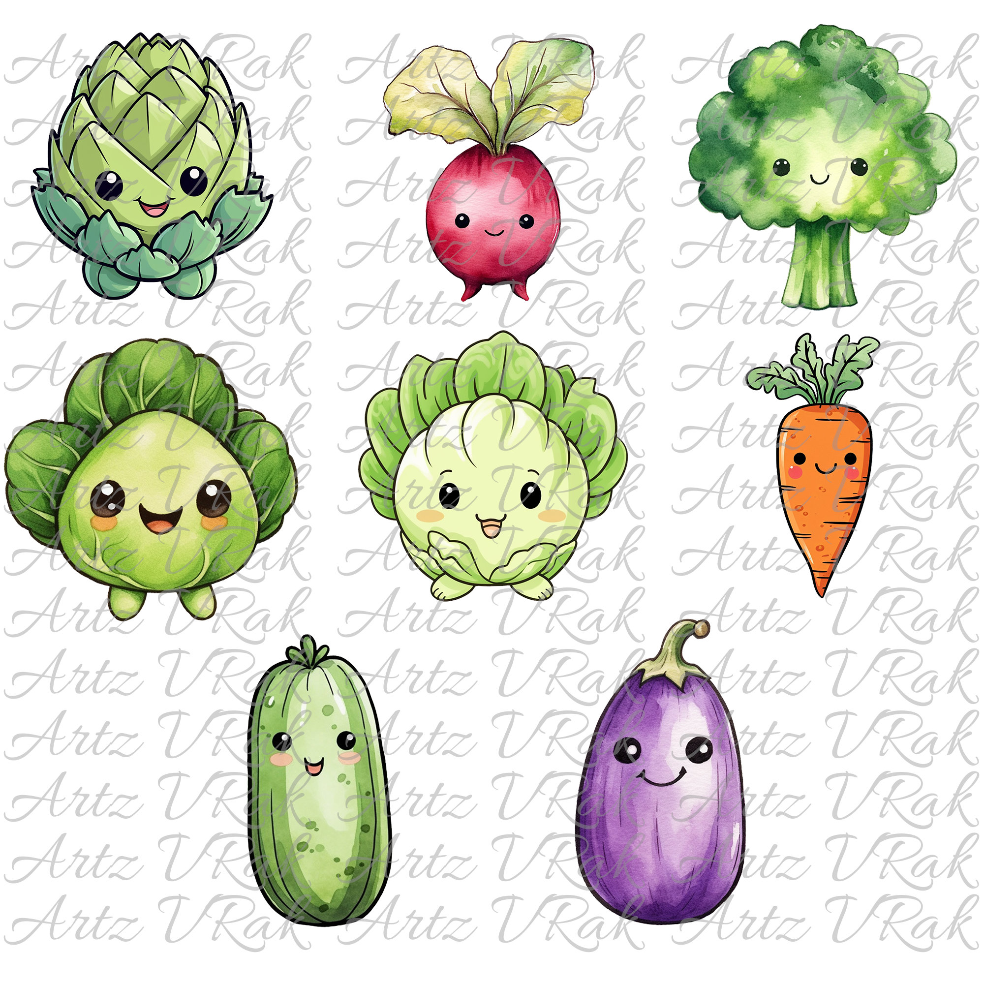 Watercolor Kawaii Vegetables Clipart Kawaii Vegetables Clipart Instant ...