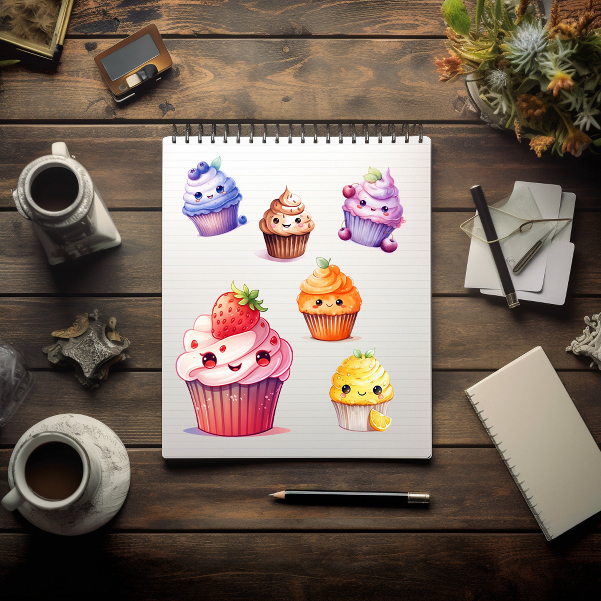 Watercolor Kawaii Cupcakes Clipart - Watercolor Cute Cupcakes Clipart ...