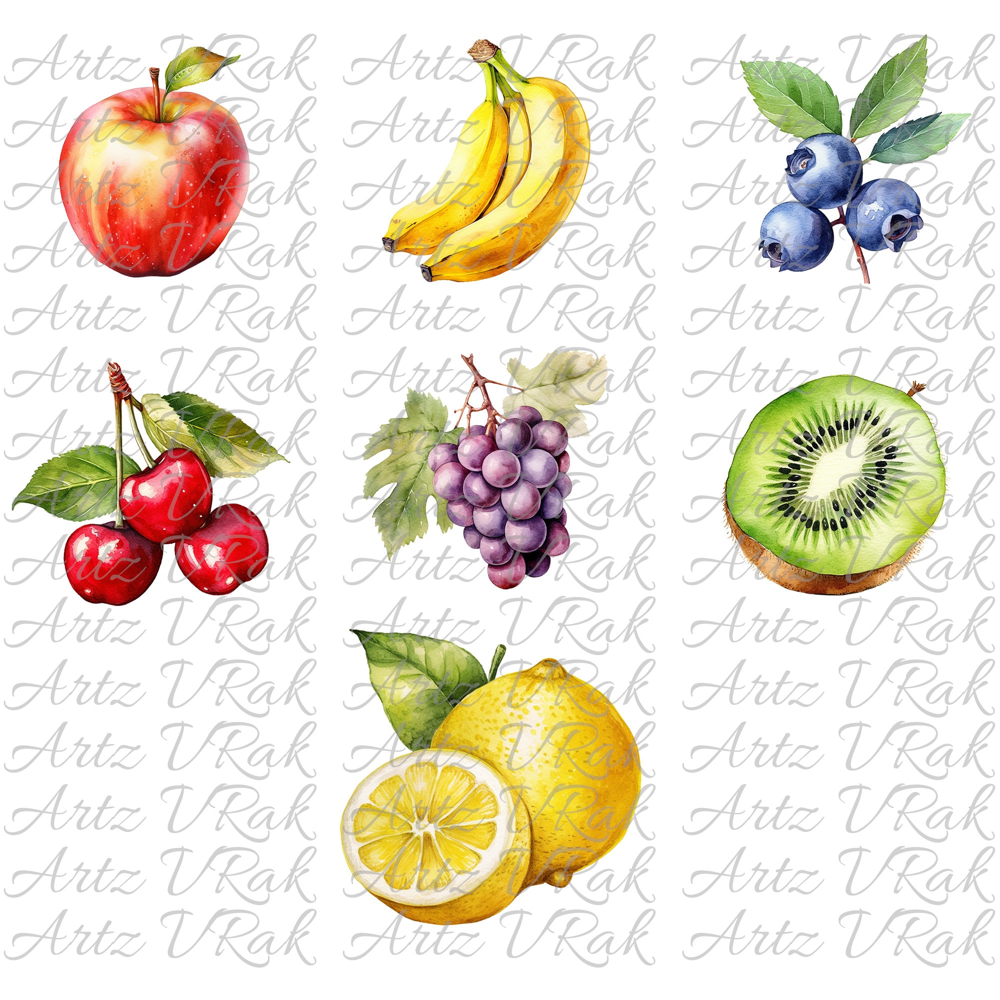Watercolor Fruits Clipart Cute Fruits Clipart Summer Fruits Clipart ...