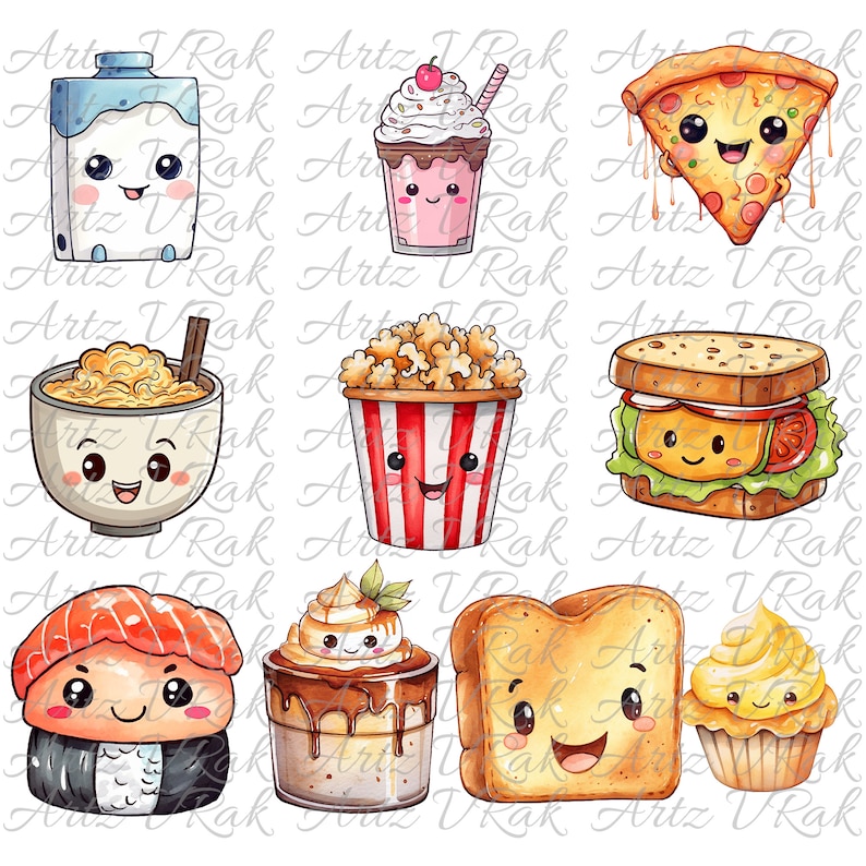Watercolor Kawaii Food and Drinks Clipart Cute Food and Drinks Clipart ...