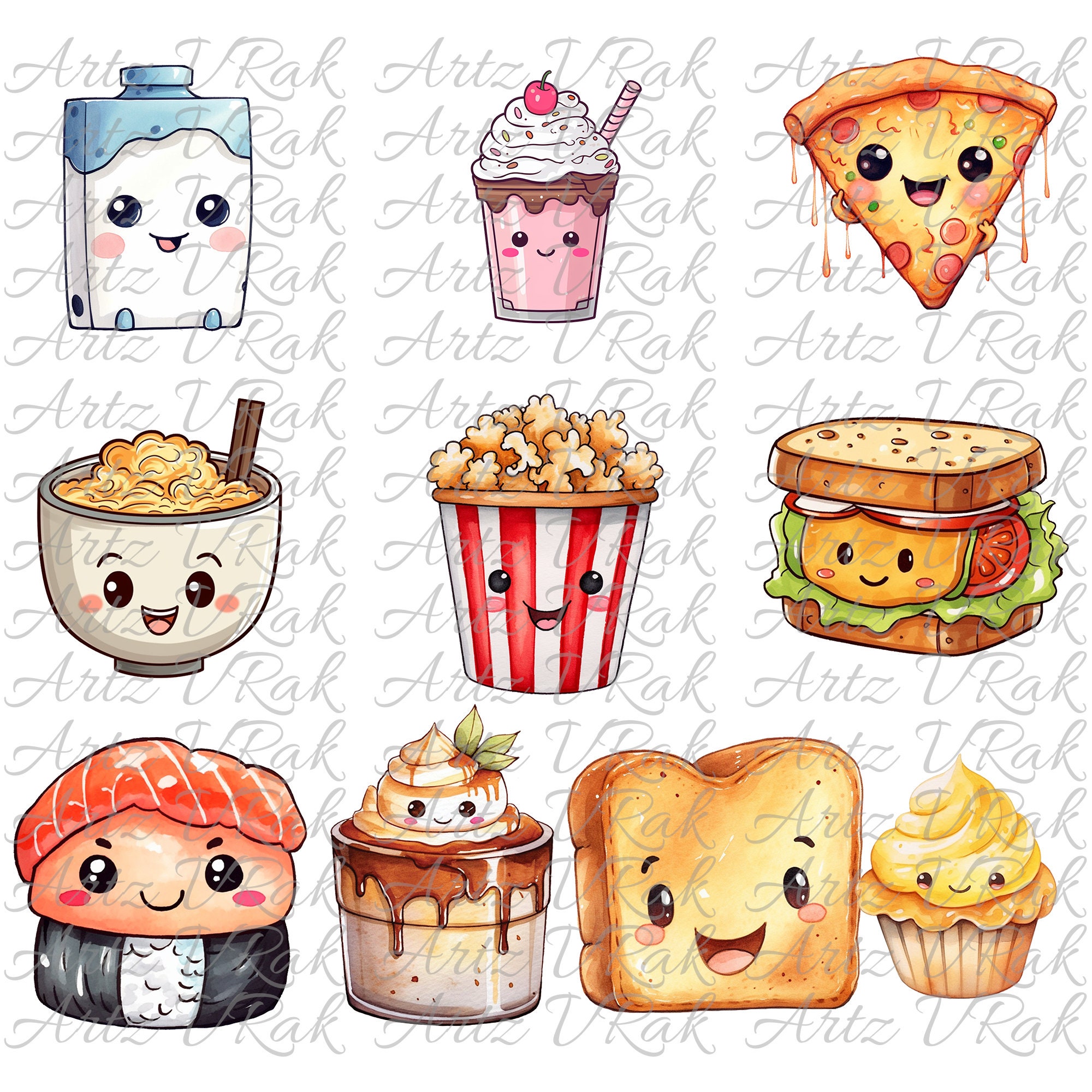 Watercolor Kawaii Food and Drinks Clipart Cute Food and Drinks Clipart ...