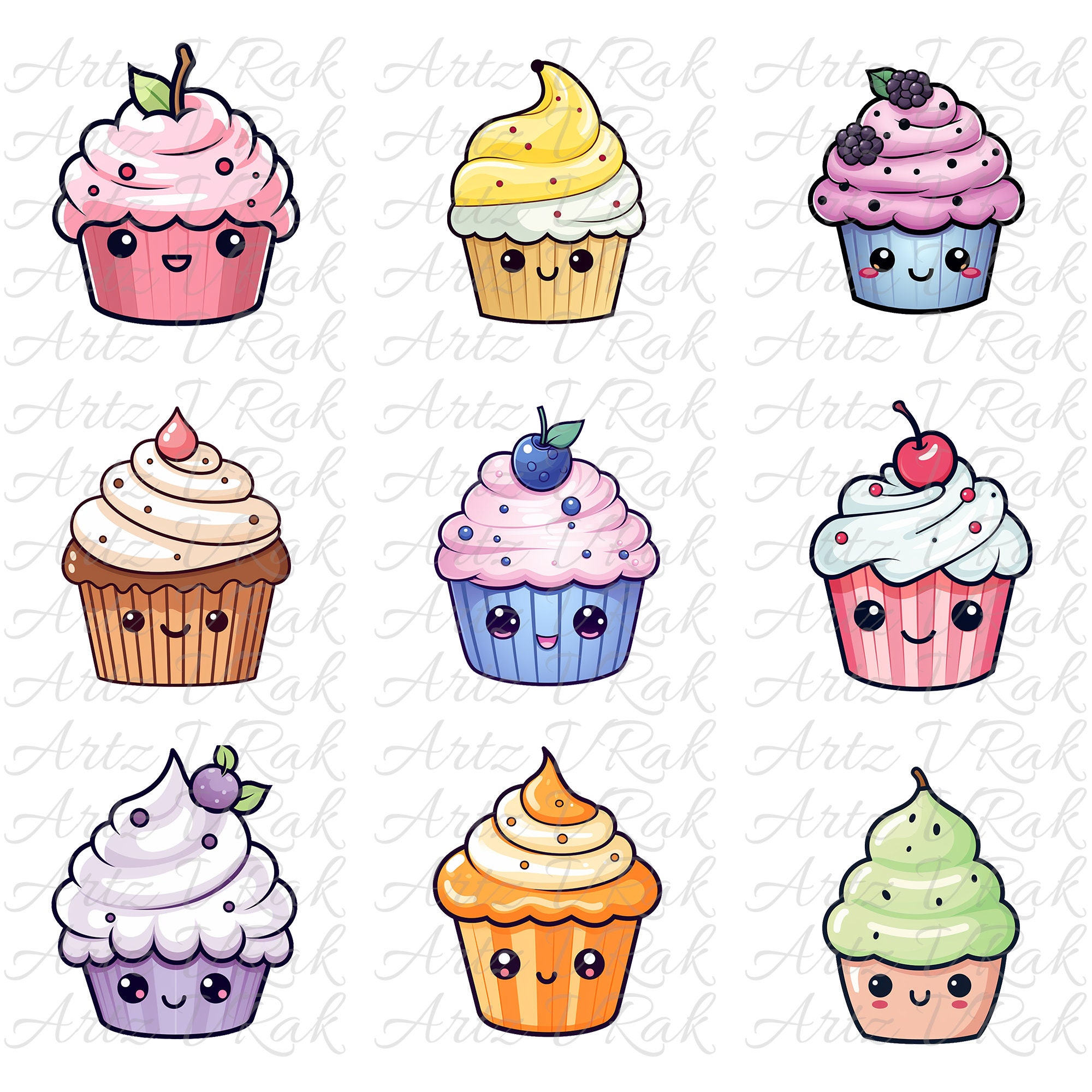 Pastel Color Kawaii Cupcakes Clipart Pastel Color Cute Cupcakes Clipart ...