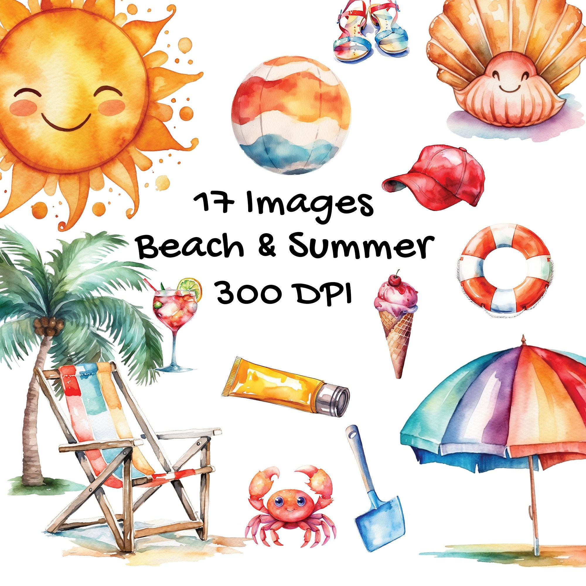 Watercolor Beach Summer Clipart Summer Clipart 300DPI Instant Download ...