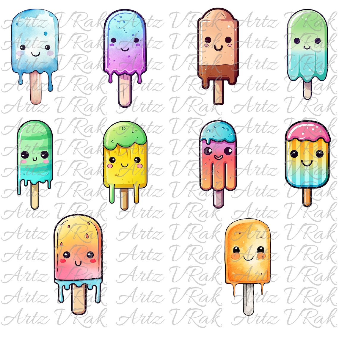Watercolor Kawaii Popsicle Clipart - Cute Popsicle Clipart - Perfect to ...