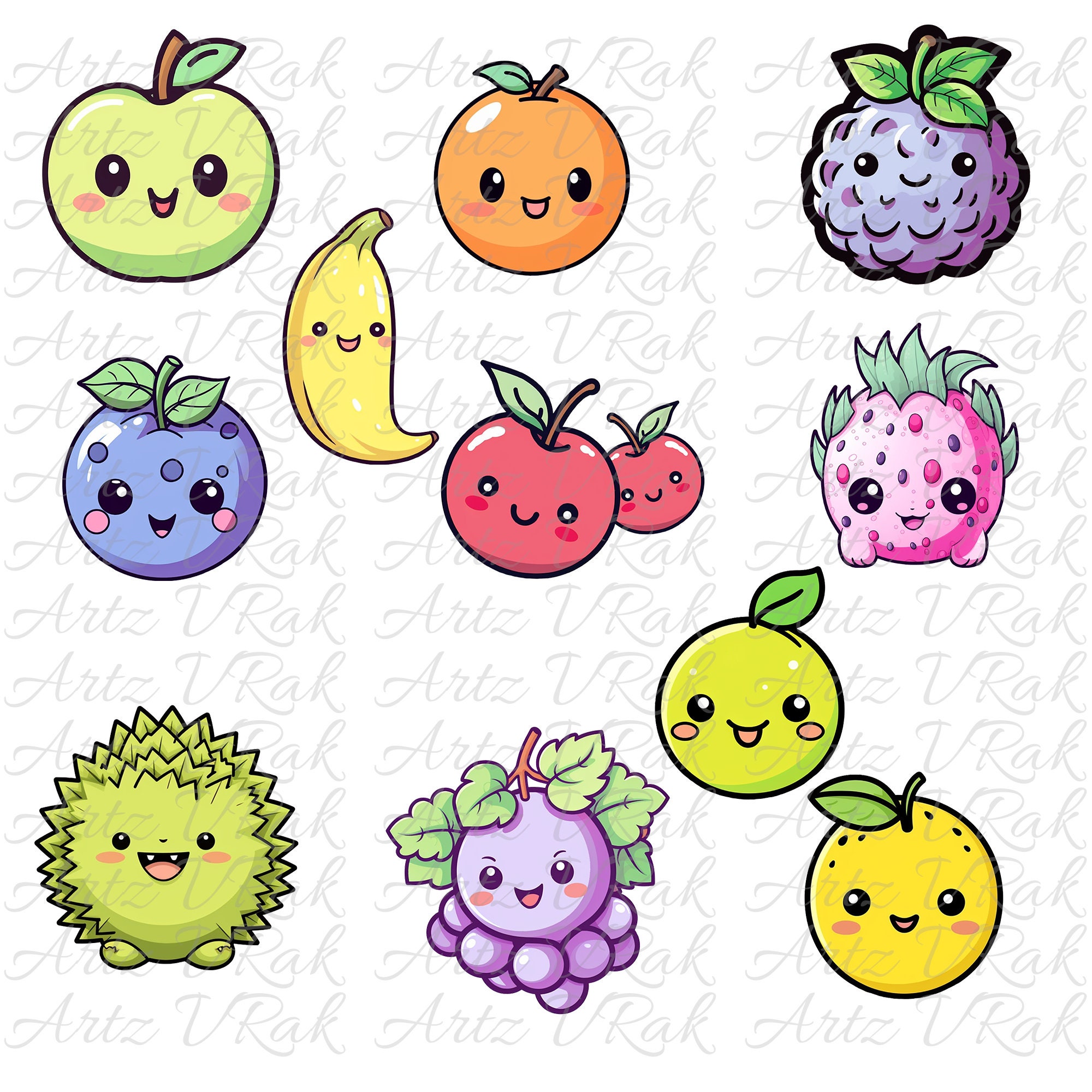 Pastel Kawaii Fruit Clipart - Kawaii Fruits Clipart - Instant Download ...