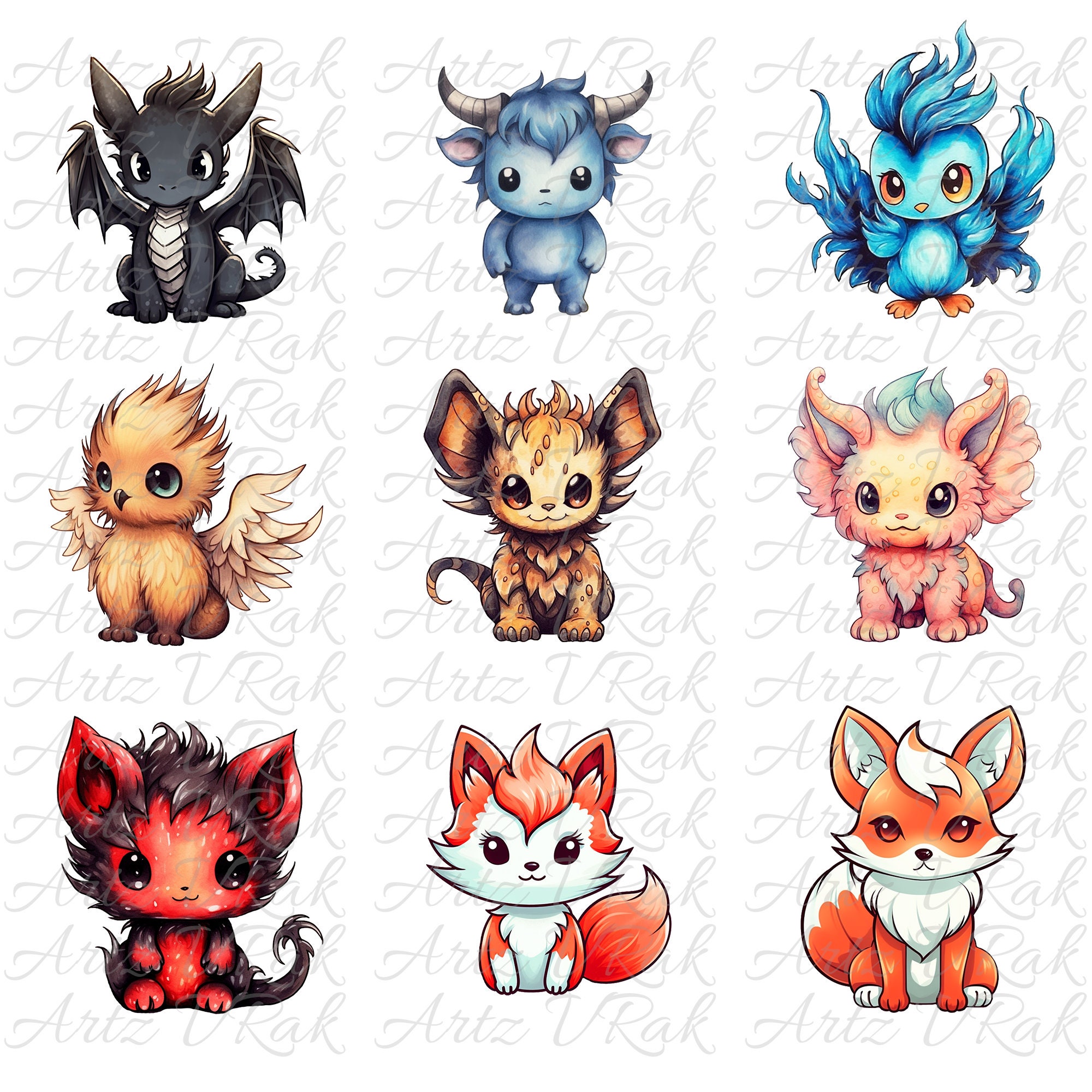 Kawaii Mythical Beast Clipart: Watercolor Dragon, Unicorn, Griffin (PNG ...