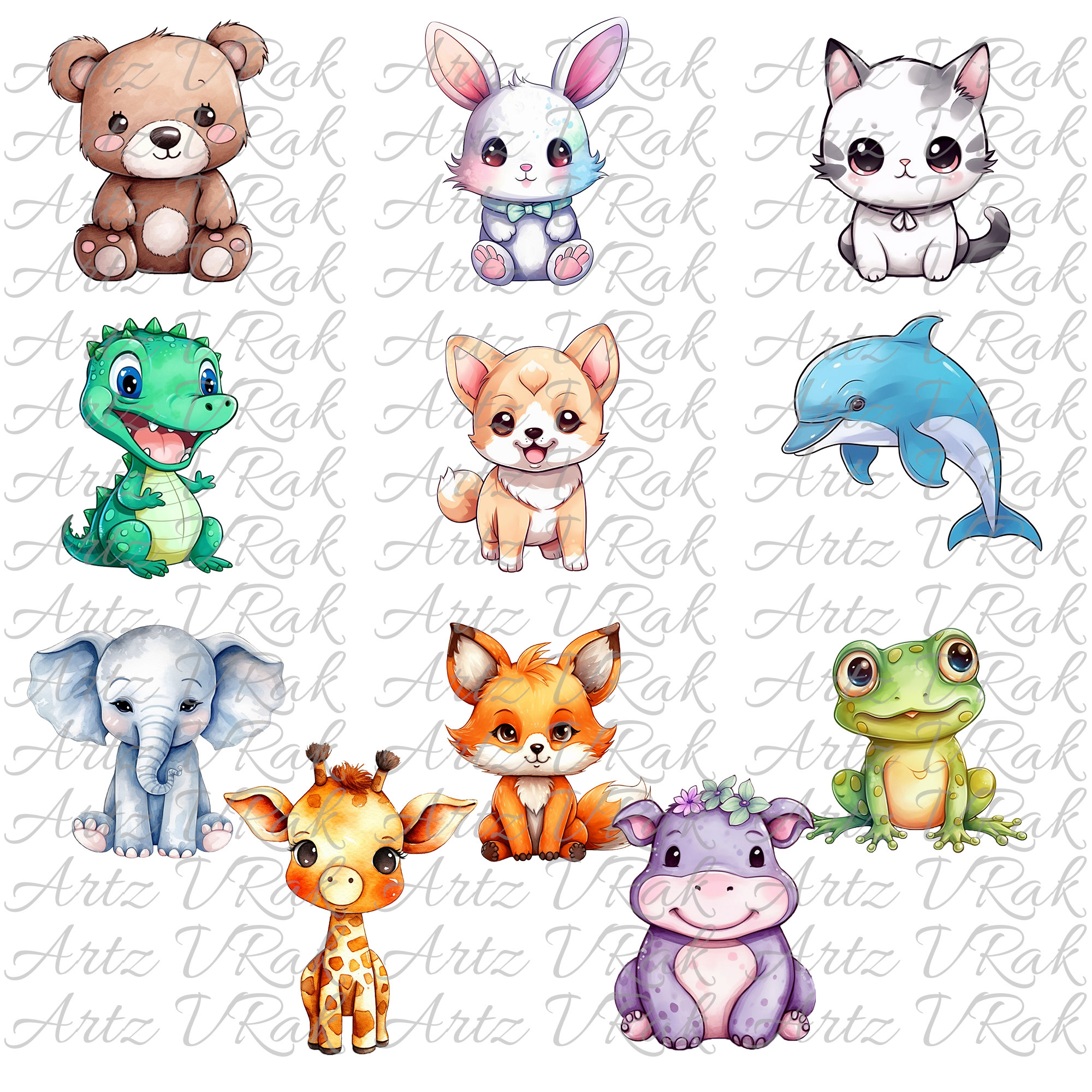 Watercolor Kawaii Animals Clipart Bundle Cute Animals Lion Tiger ...