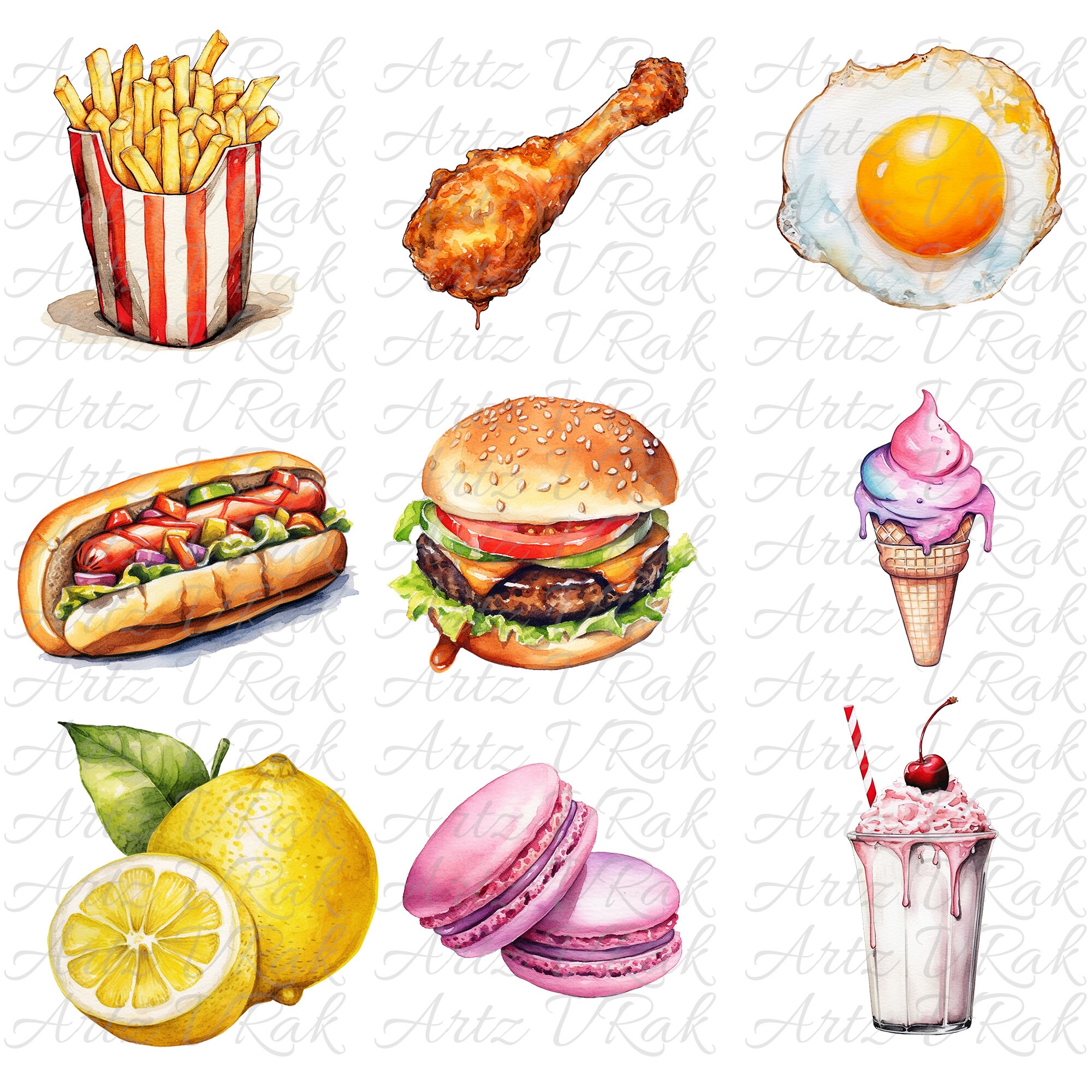 Watercolor Food and Drinks Clipart - Fast Food - Fruits - Drinks - Ice ...