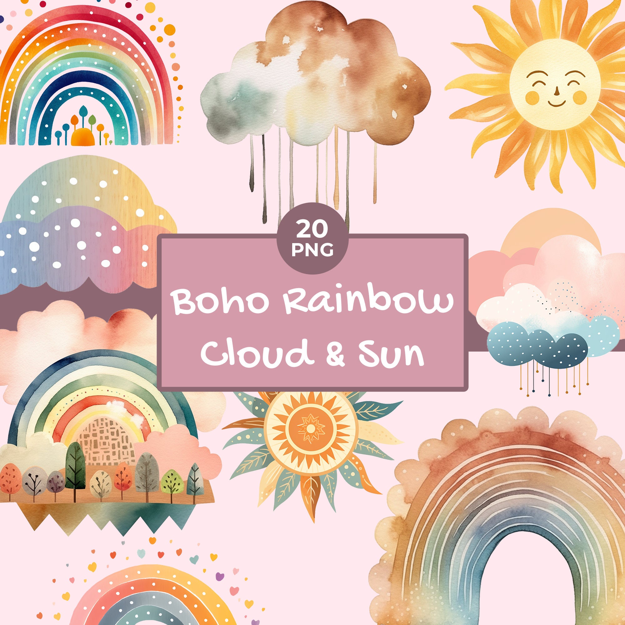 Watercolor Boho Rainbows Clipart Boho Sun & Cloud Clipart - Etsy