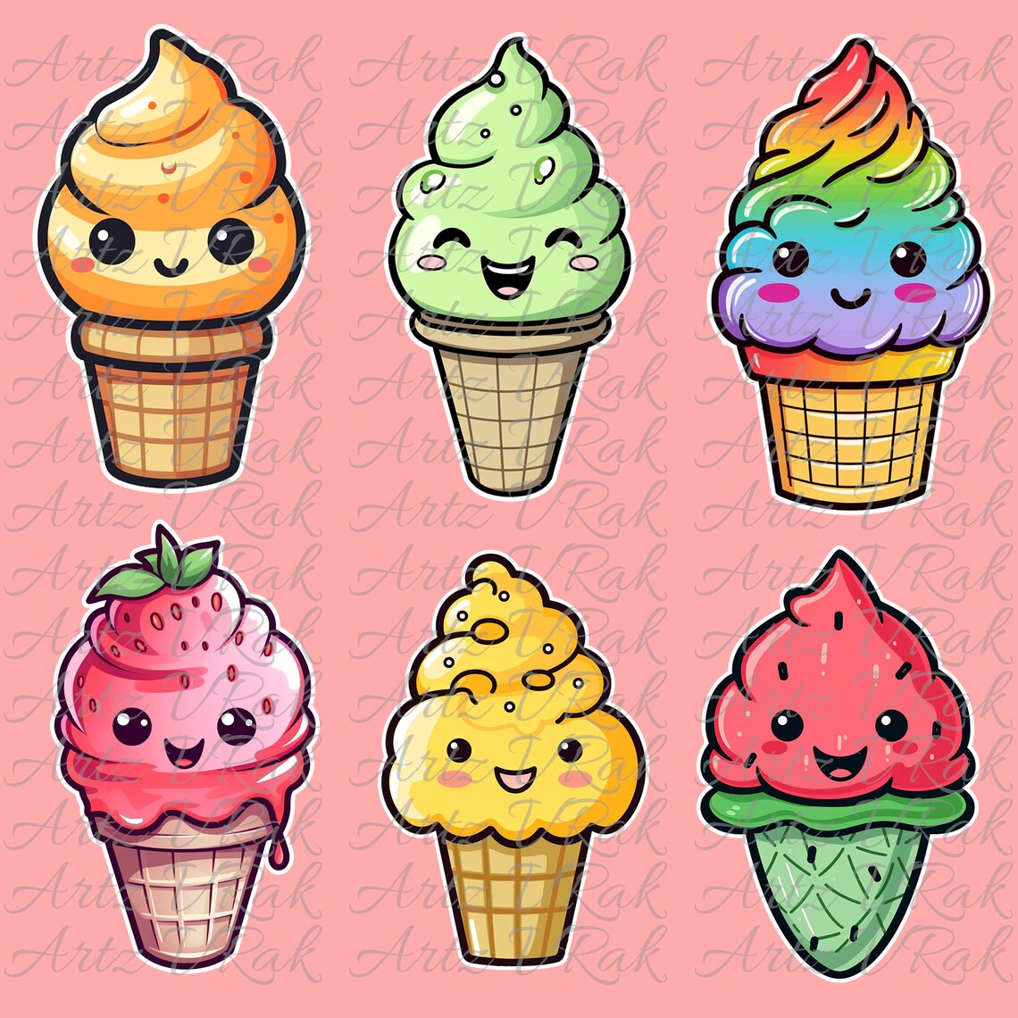 Kawaii Ice Cream Clipart Cute Ice Cream Clipart Perfect to Make Sticker ...