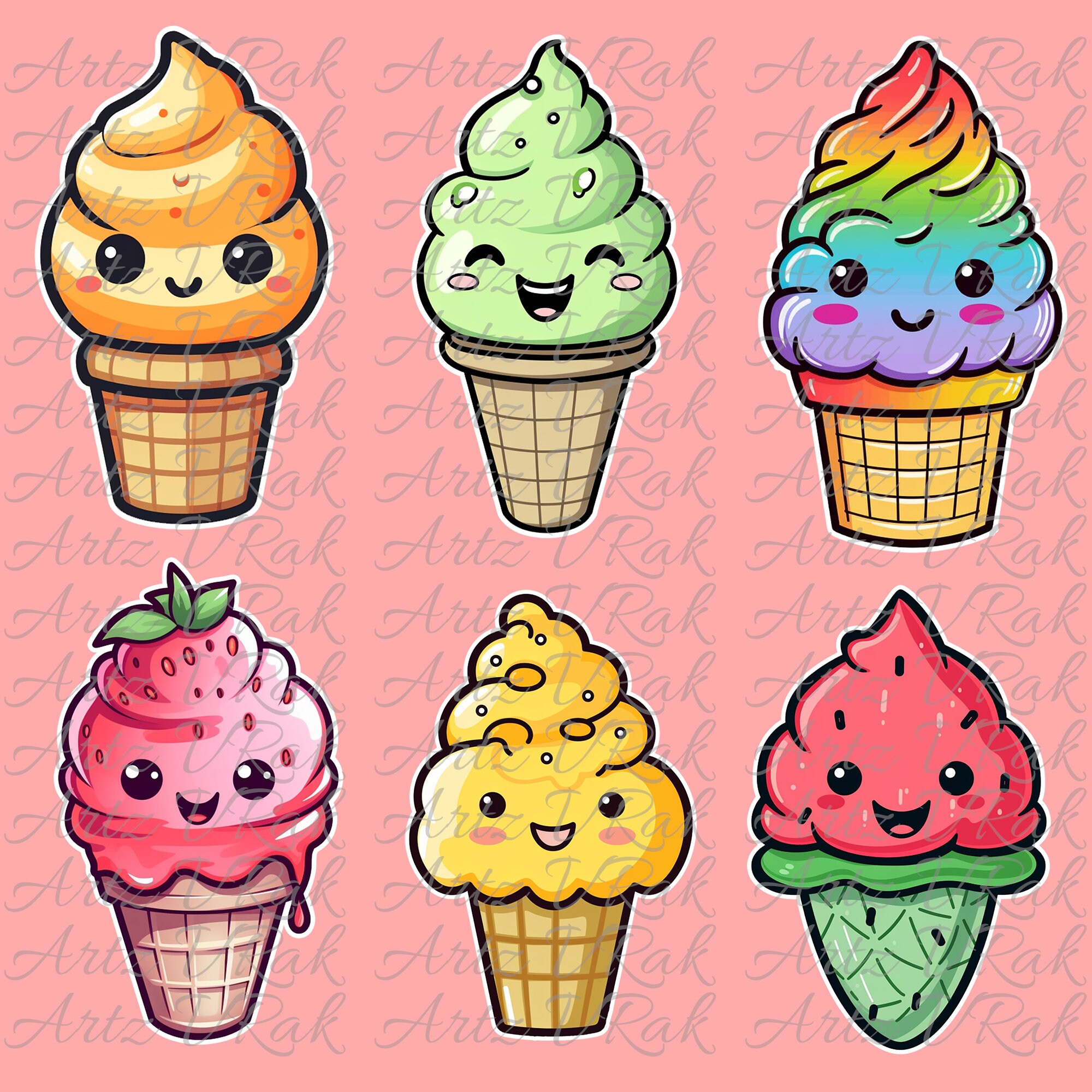 Kawaii Ice Cream Clipart Cute Ice Cream Clipart Perfect to Make Sticker ...