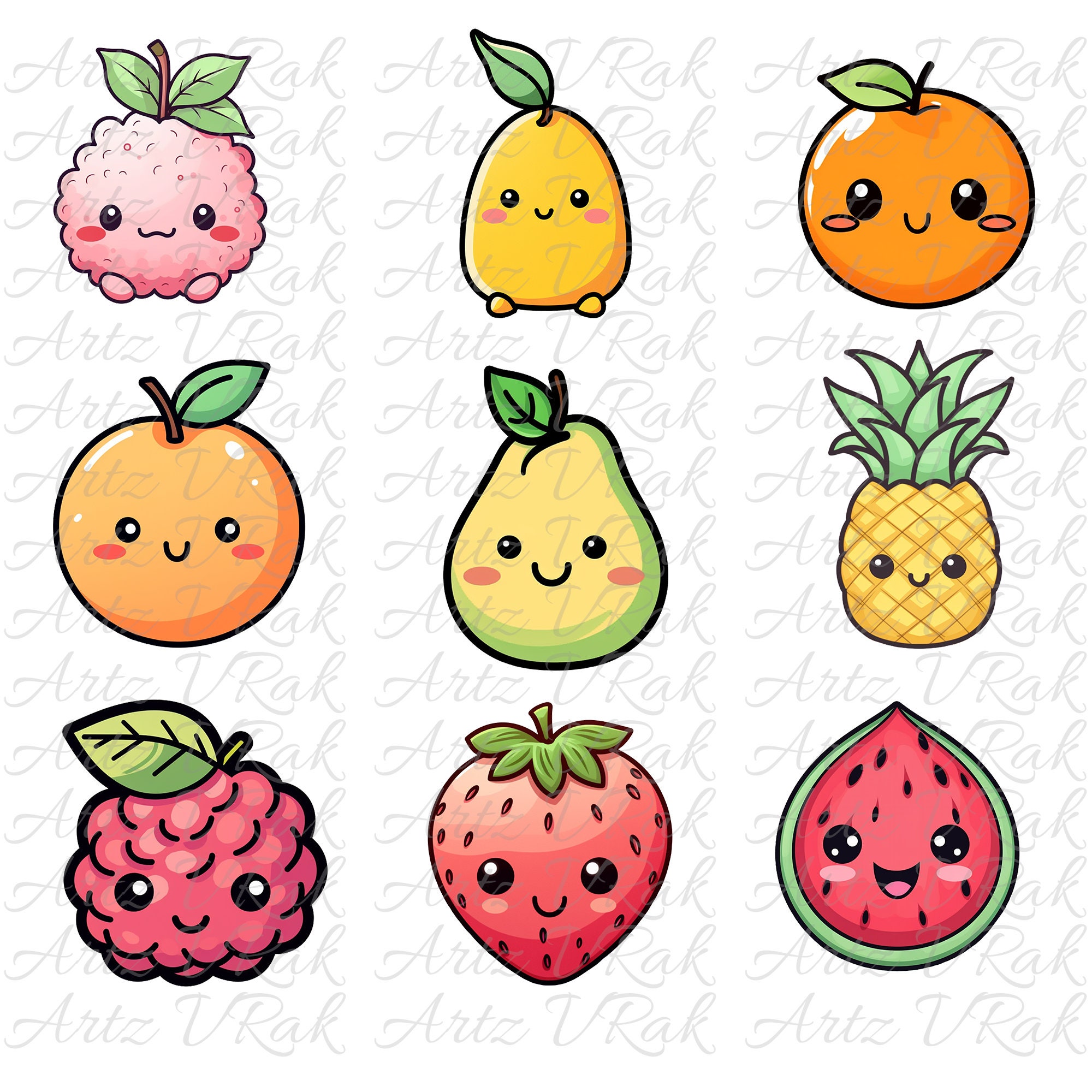 Pastel Kawaii Fruit Clipart - Kawaii Fruits Clipart - Instant Download ...