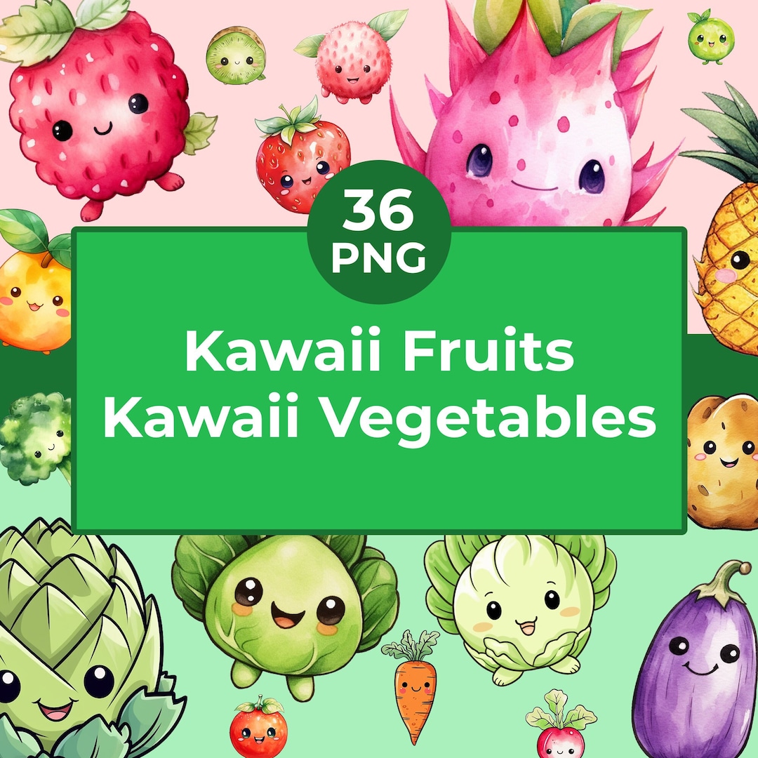 Bundle Watercolor Kawaii Fruit Clipart - Bundle Fruits & Vegetables ...