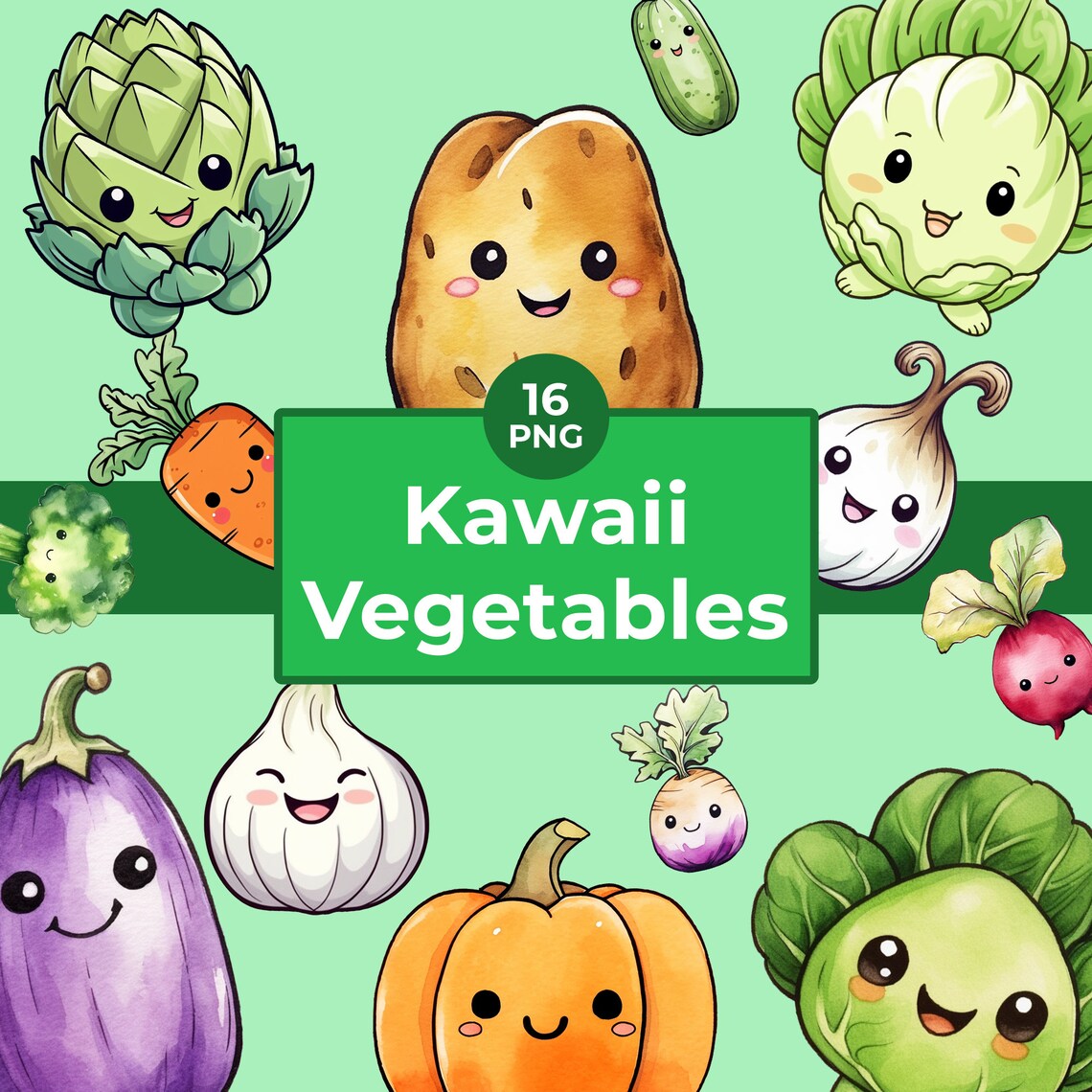 Bundle Watercolor Kawaii Fruit Clipart Bundle Fruits & Vegetables ...