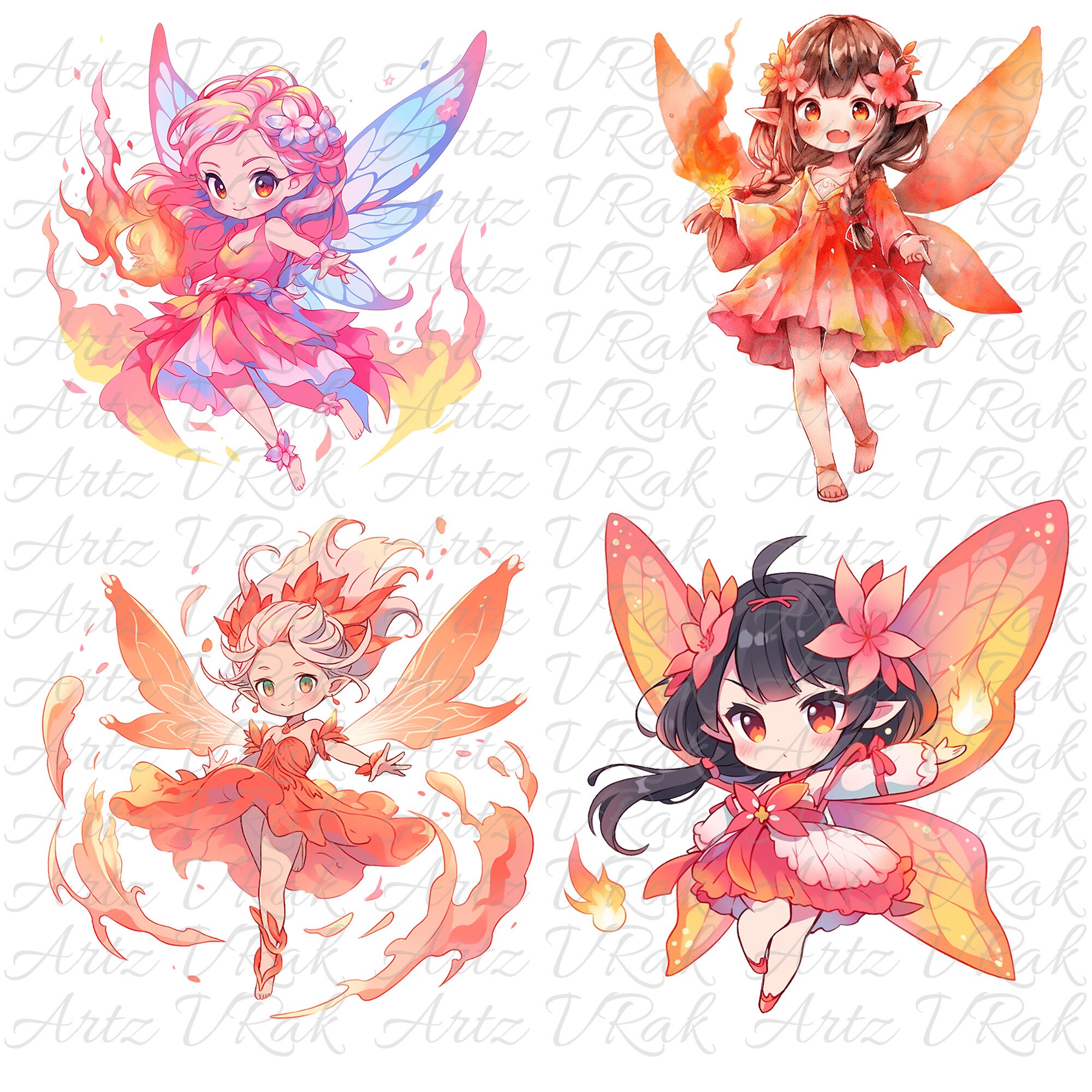 Kawaii Fire Fairies Clipart Bundle Red Fairy Anime / Manga Version Cute ...