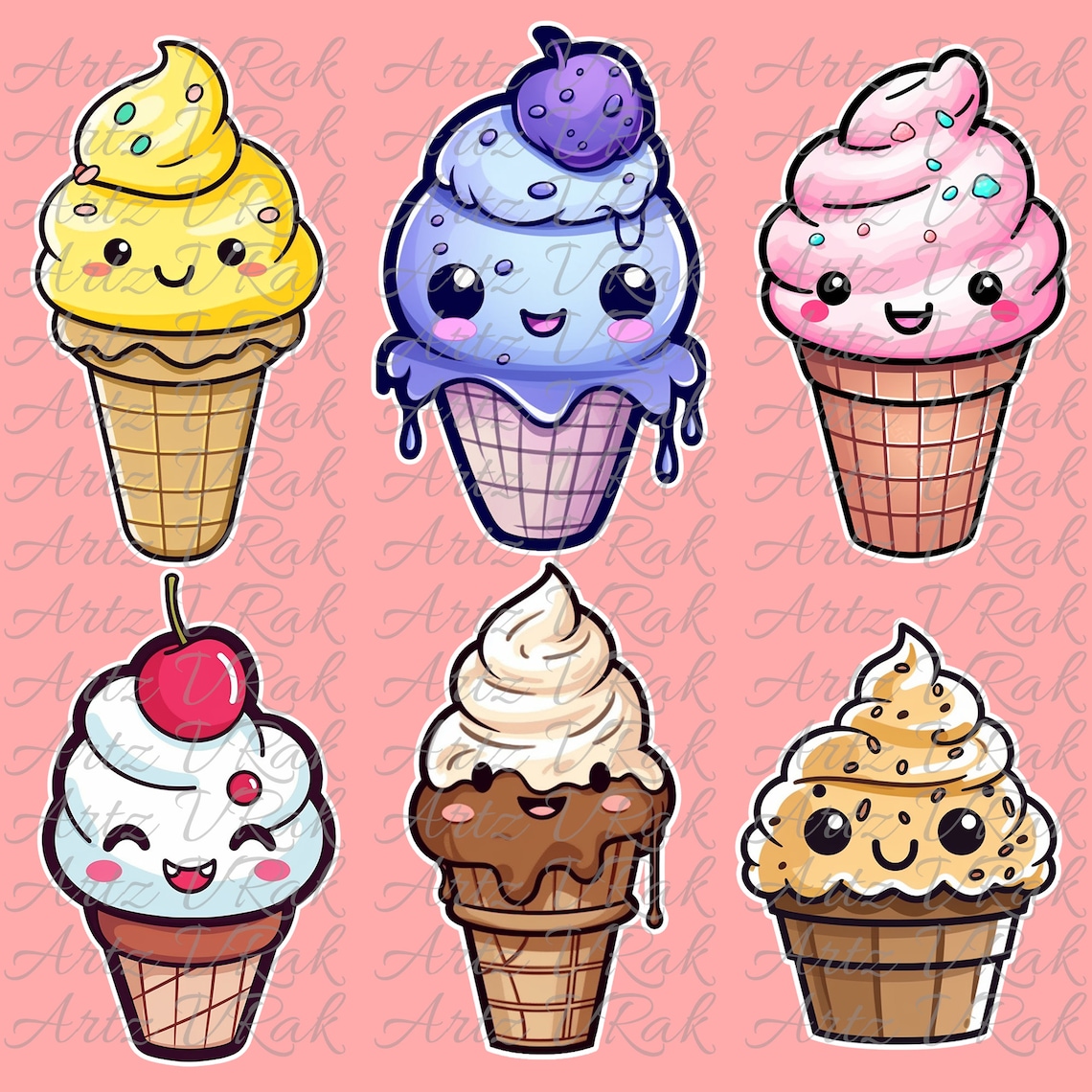 Kawaii Ice Cream Clipart Cute Ice Cream Clipart Perfect to Make Sticker ...
