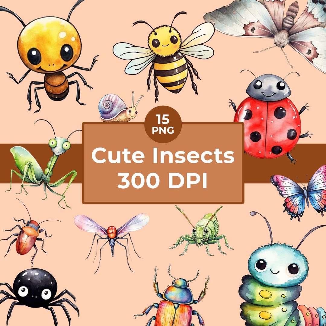 Watercolor Kawaii Insects Clipart - Cute Insects - Instant Download ...
