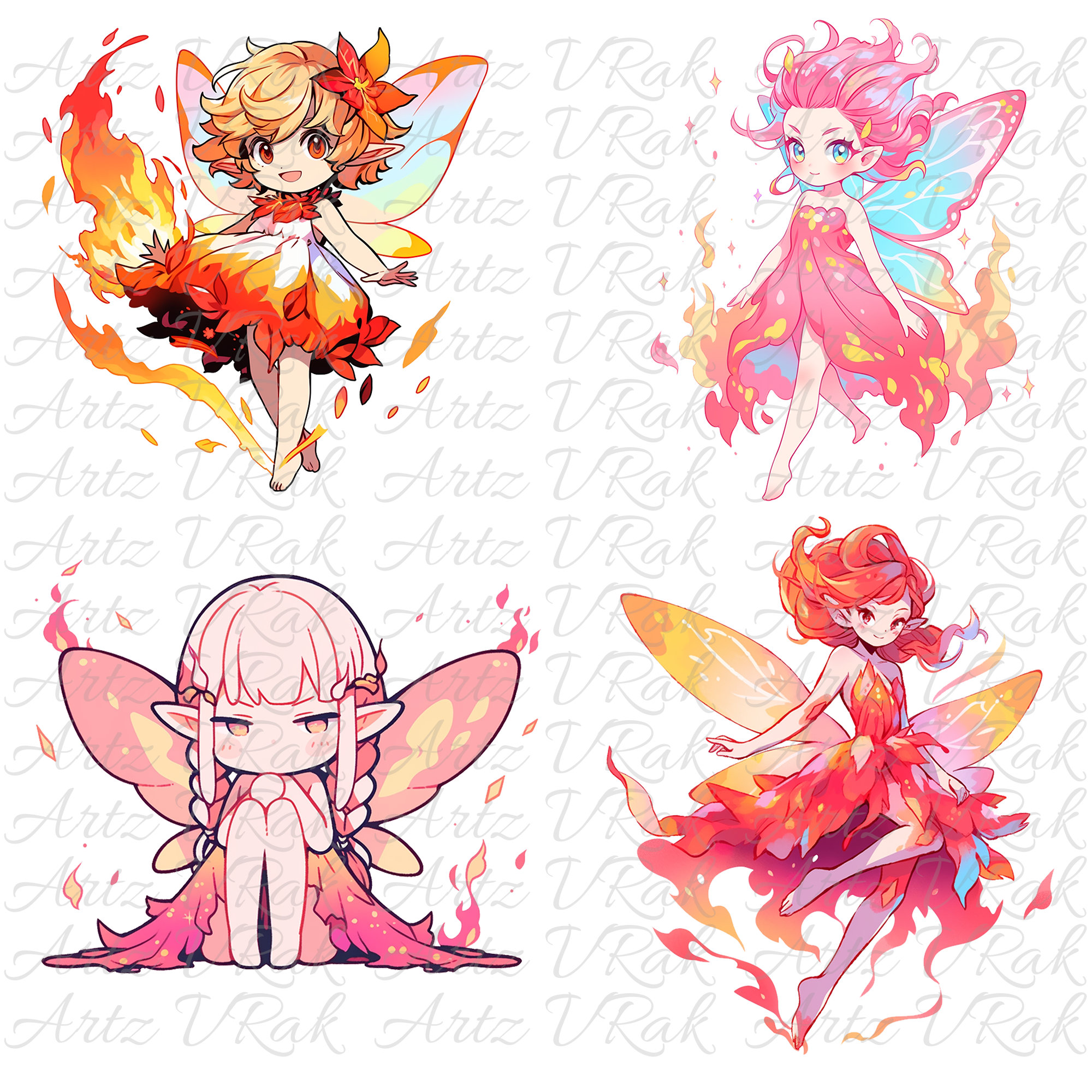 Kawaii Fire Fairies Clipart Bundle Red Fairy Anime / Manga Version Cute ...