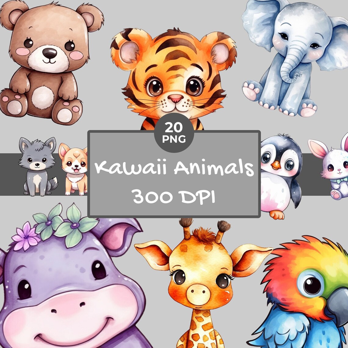 Watercolor Kawaii Animals Clipart Bundle Cute Animals Lion Tiger ...