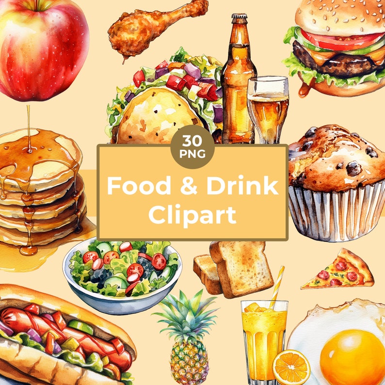 Watercolor Food and Drinks Clipart - Fast Food - Fruits - Drinks - Ice ...
