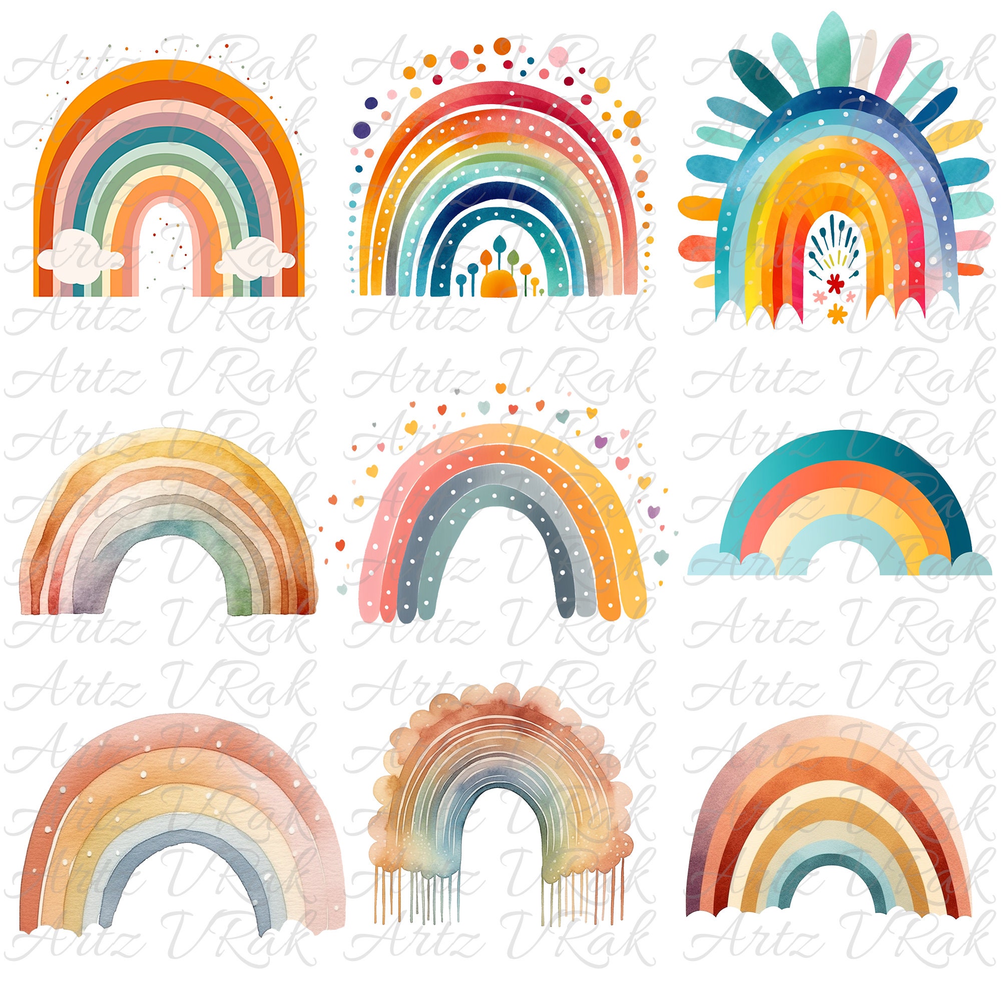 Watercolor Boho Rainbows Clipart - Boho Sun & Cloud Clipart - Pastel ...