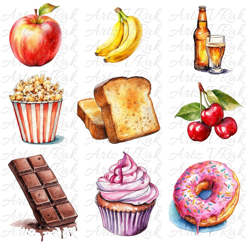 Watercolor Food and Drinks Clipart - Fast Food - Fruits - Drinks - Ice ...