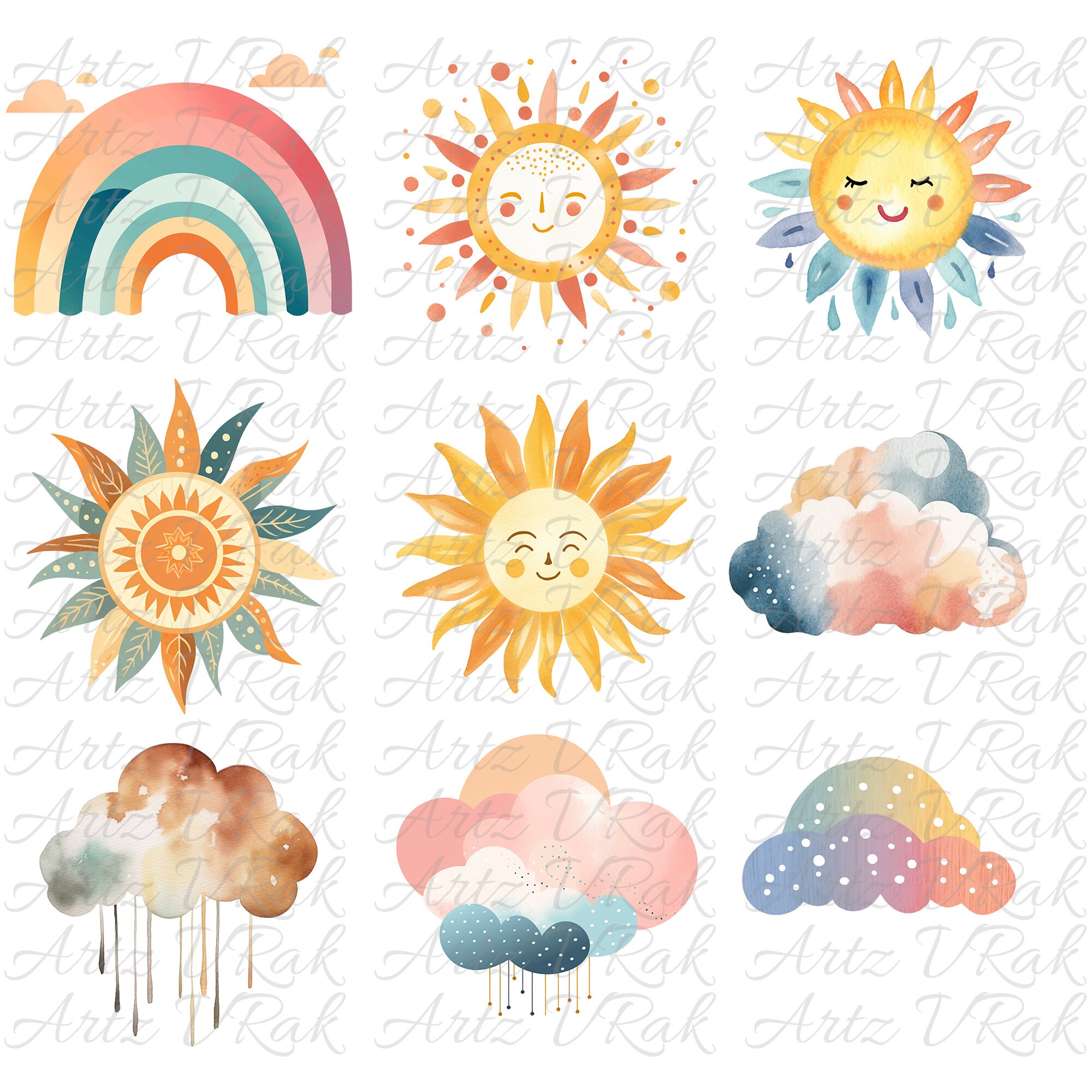 Watercolor Boho Rainbows Clipart - Boho Sun & Cloud Clipart - Pastel ...