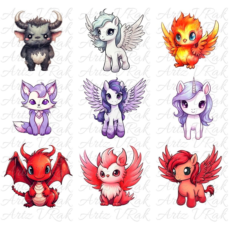 Kawaii Mythical Beast Clipart: Watercolor Dragon, Unicorn, Griffin (PNG ...