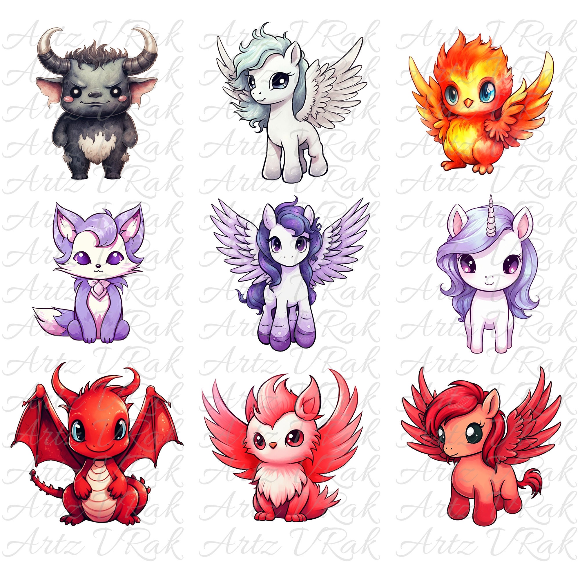 Kawaii Mythical Beast Clipart: Watercolor Dragon, Unicorn, Griffin (PNG ...