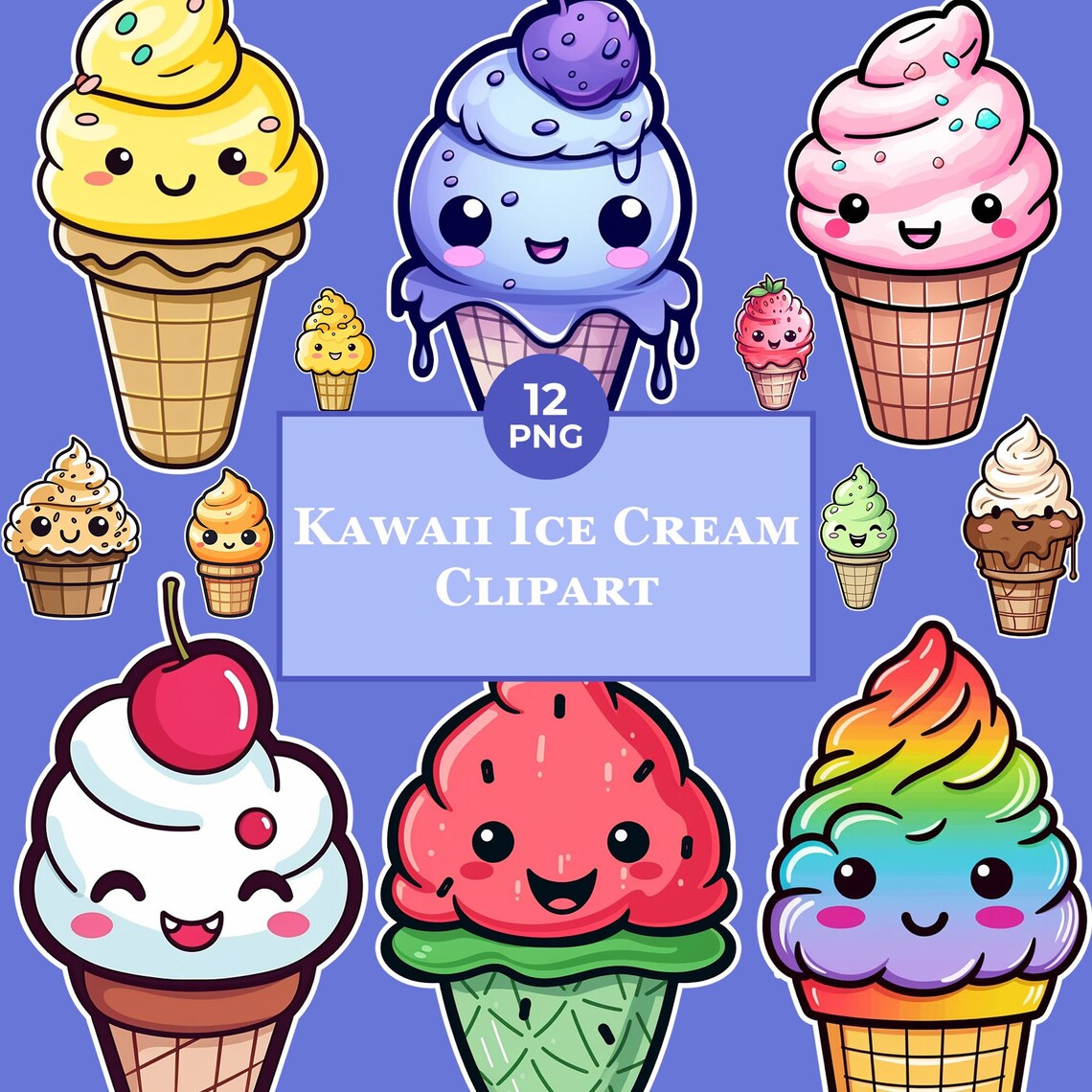 Kawaii Ice Cream Clipart Cute Ice Cream Clipart Perfect to Make Sticker ...