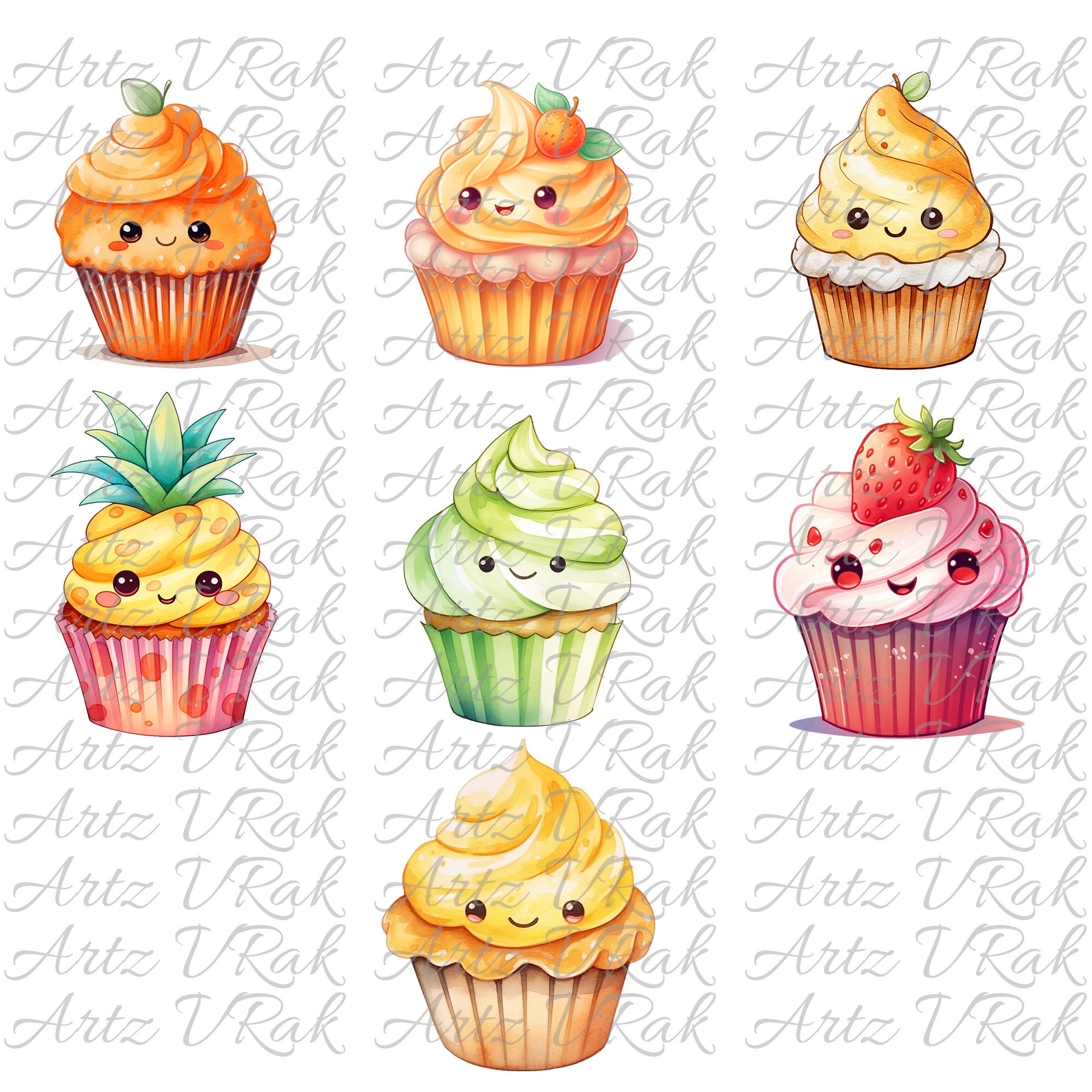 Watercolor Kawaii Cupcakes Clipart - Watercolor Cute Cupcakes Clipart ...