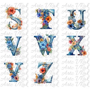Watercolor Floral Alphabet Clipart - Floral Alphabet - Flowers Alphabet ...