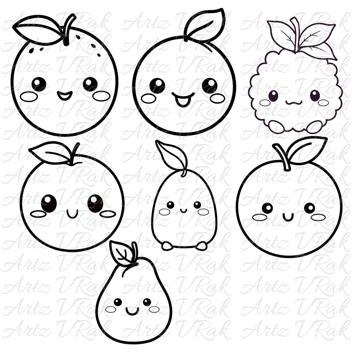 Clipart Coloring Page Kawaii Fruits - Clipart Cute Fruits Black & White ...