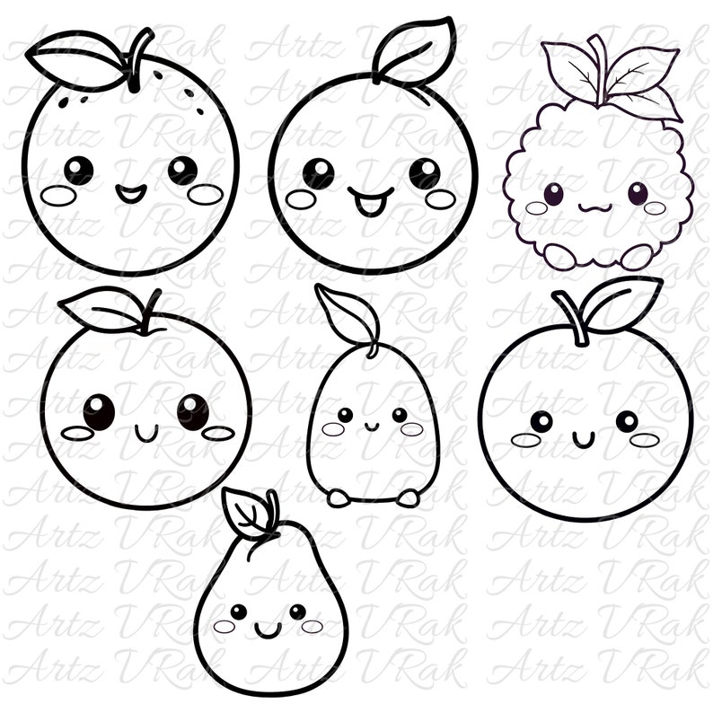 Clipart Coloring Page Kawaii Fruits - Clipart Cute Fruits Black & White ...