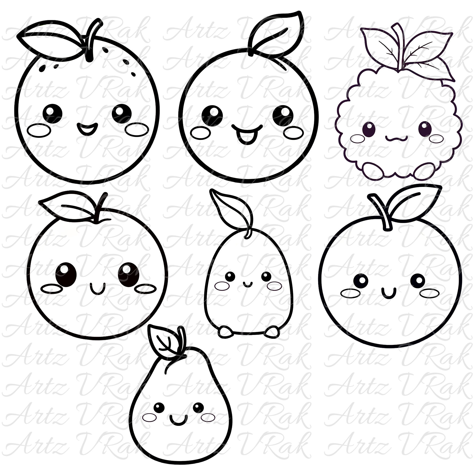 Clipart Coloring Page Kawaii Fruits - Clipart Cute Fruits Black & White ...