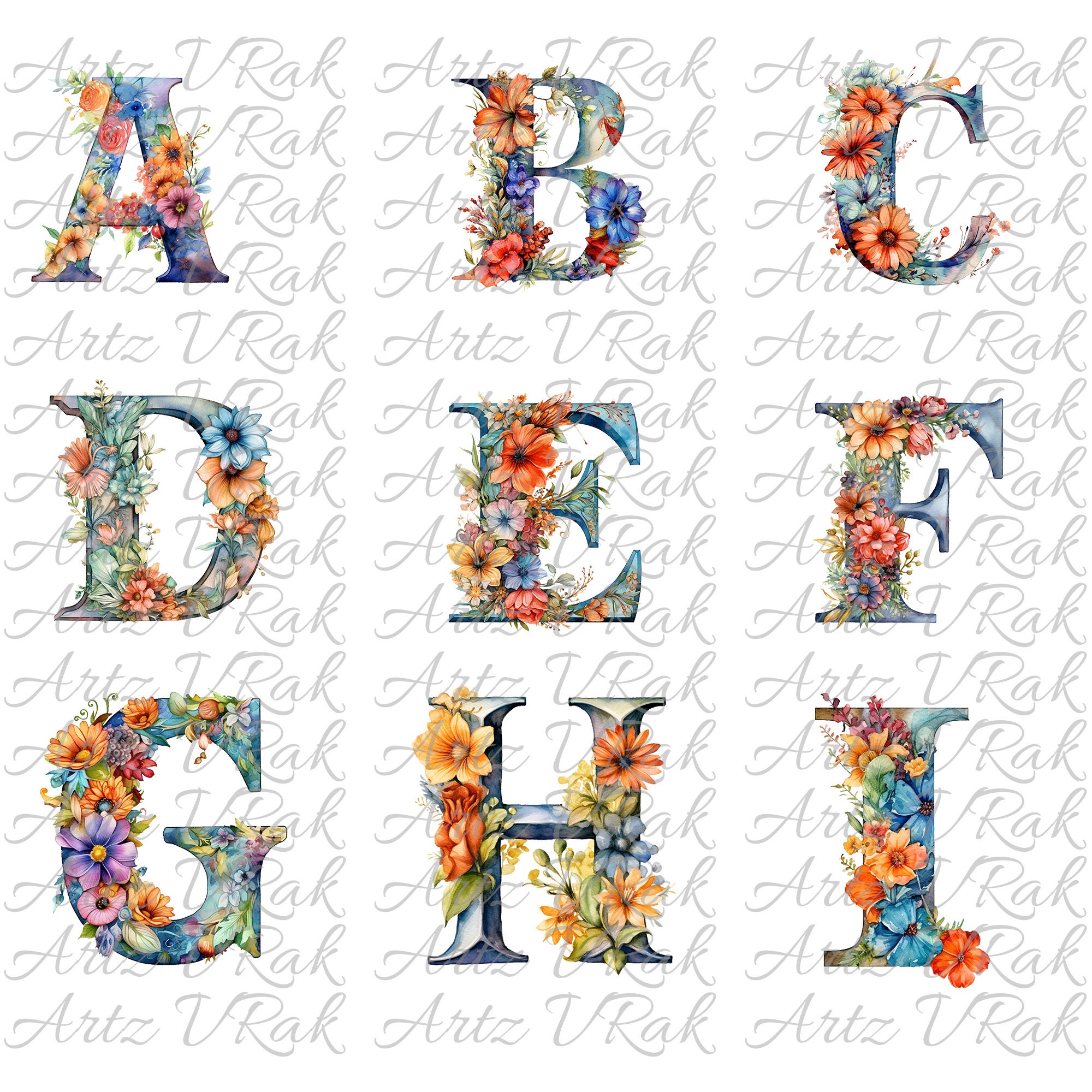 Watercolor Floral Alphabet Clipart - Floral Alphabet - Flowers Alphabet ...