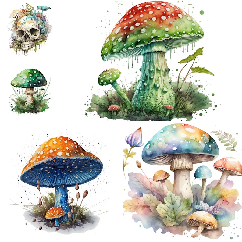 Fantasy Mushroom Watercolor Clipart, Watercolor Forest Art, Watercolor ...