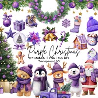 Set of 160 - Purple Christmas Clipart Bundle, Watercolor Purple Santa ...