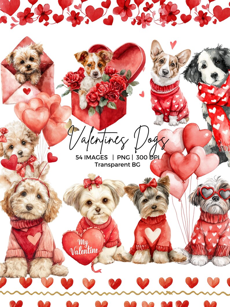54 Valentines Dogs Puppies PNG Clipart Bundle: Watercolor Valentine's ...