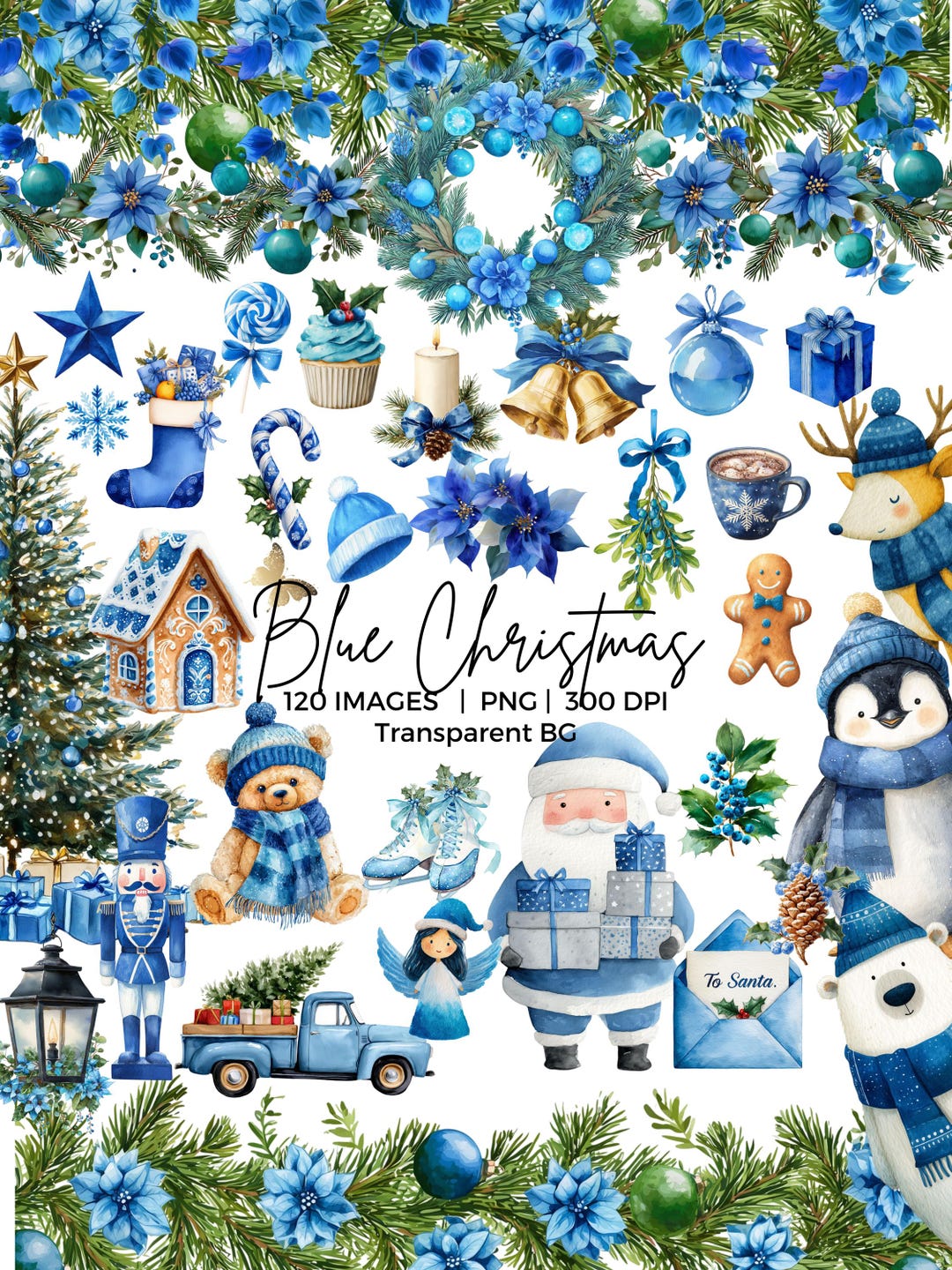 128 Watercolor Blue Christmas PNG Clipart Bundle, Cozy Winter ...