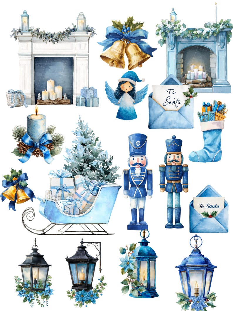 128 Watercolor Blue Christmas PNG Clipart Bundle, Cozy Winter ...