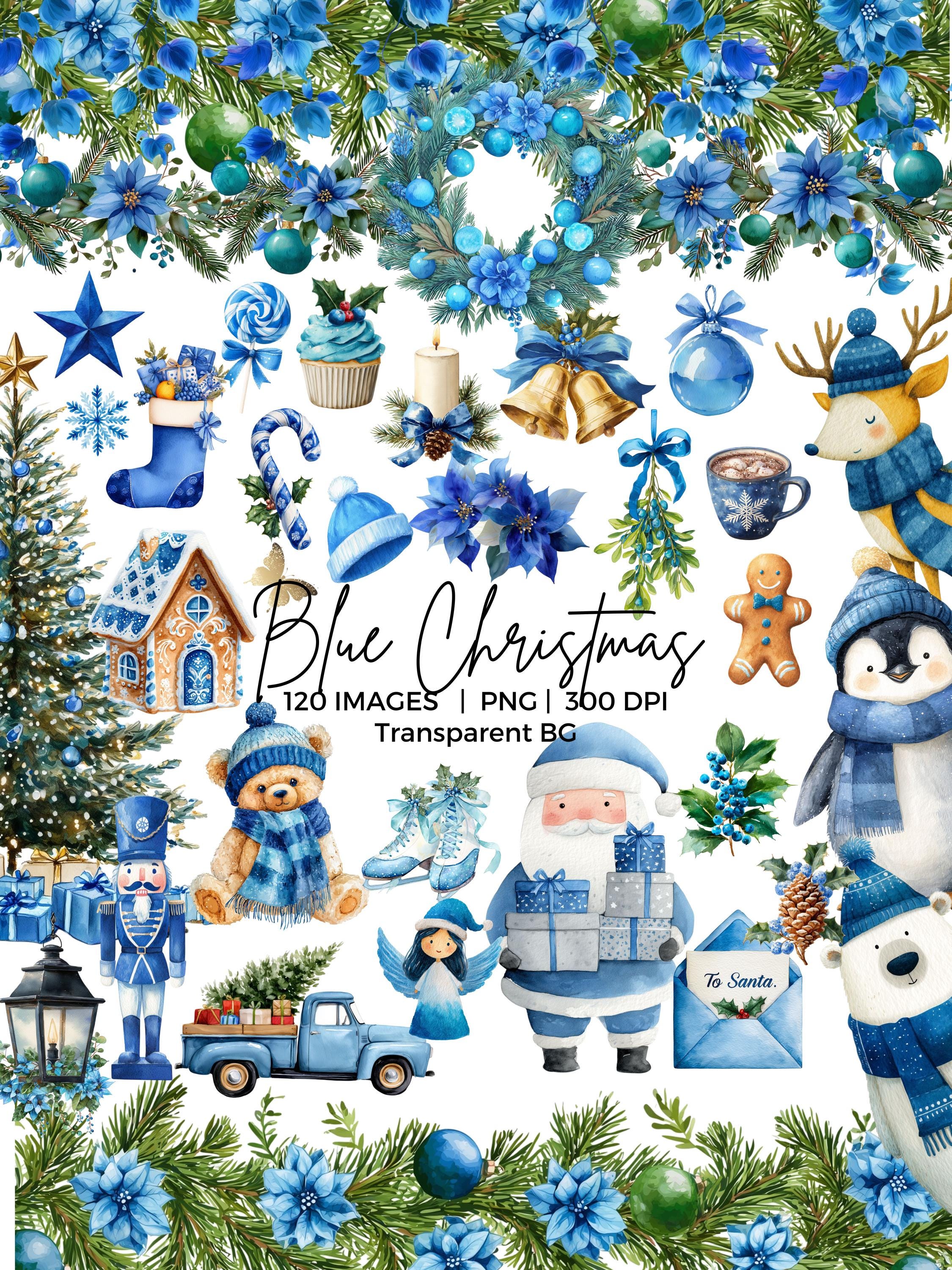 128 Watercolor Blue Christmas PNG Clipart Bundle, Cozy Winter ...