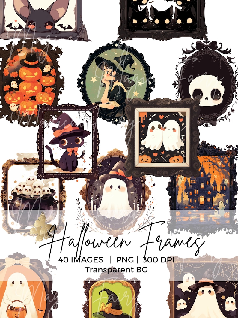Retro Halloween Picture Frames PNG Clipart: Spooky Ghosts, Cats, Witch ...