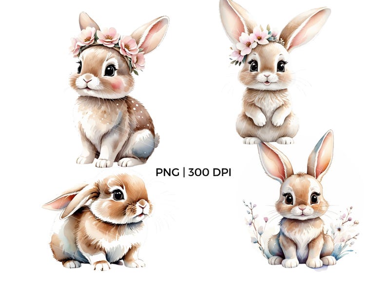 Spring Bunnies PNG Rabbits Flowers Clipart Bundle Watercolor Floral ...