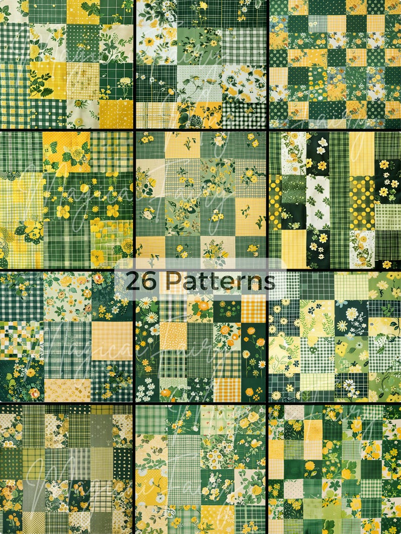 Yellow & Green Patchwork Seamless Pattern, Floral Grand Millenial ...