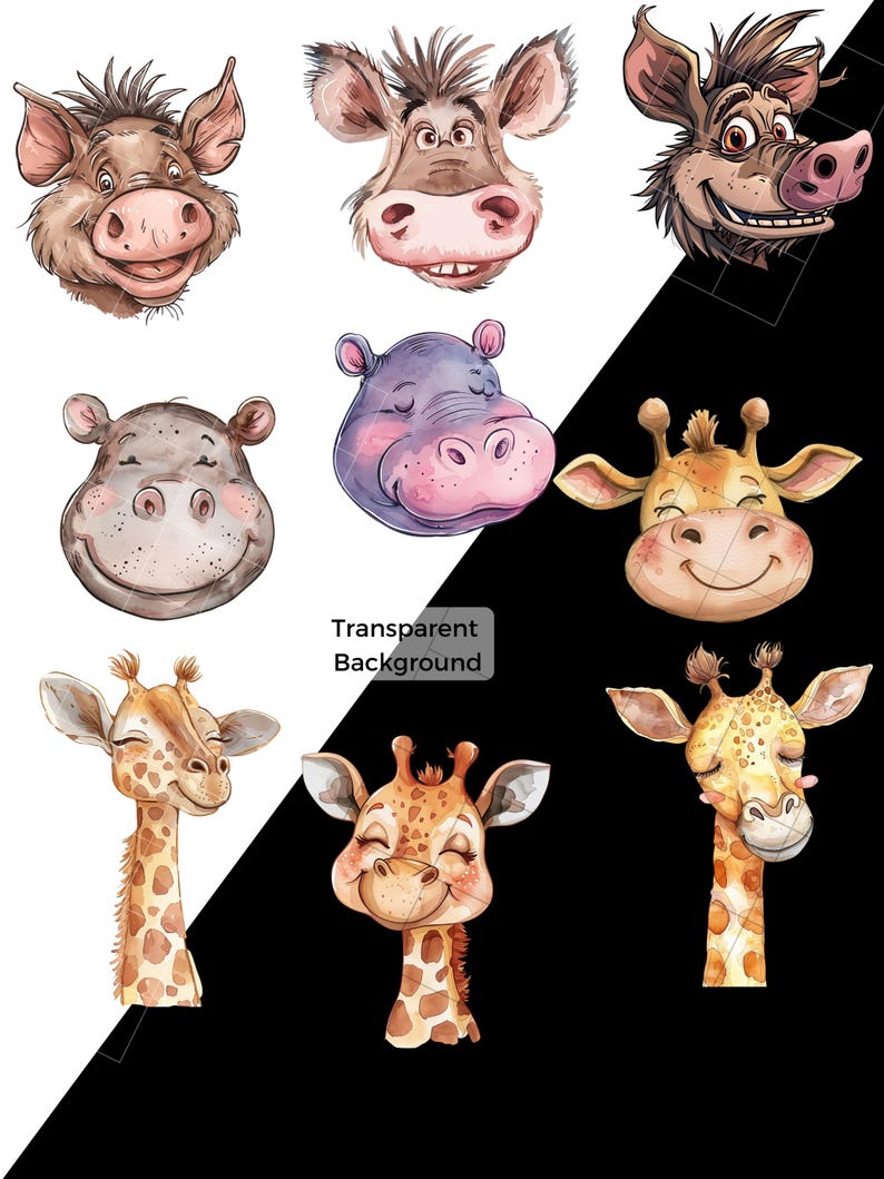 Safari Wildlife PNG Bundle, Watercolor Animals Head Clipart Bundle ...