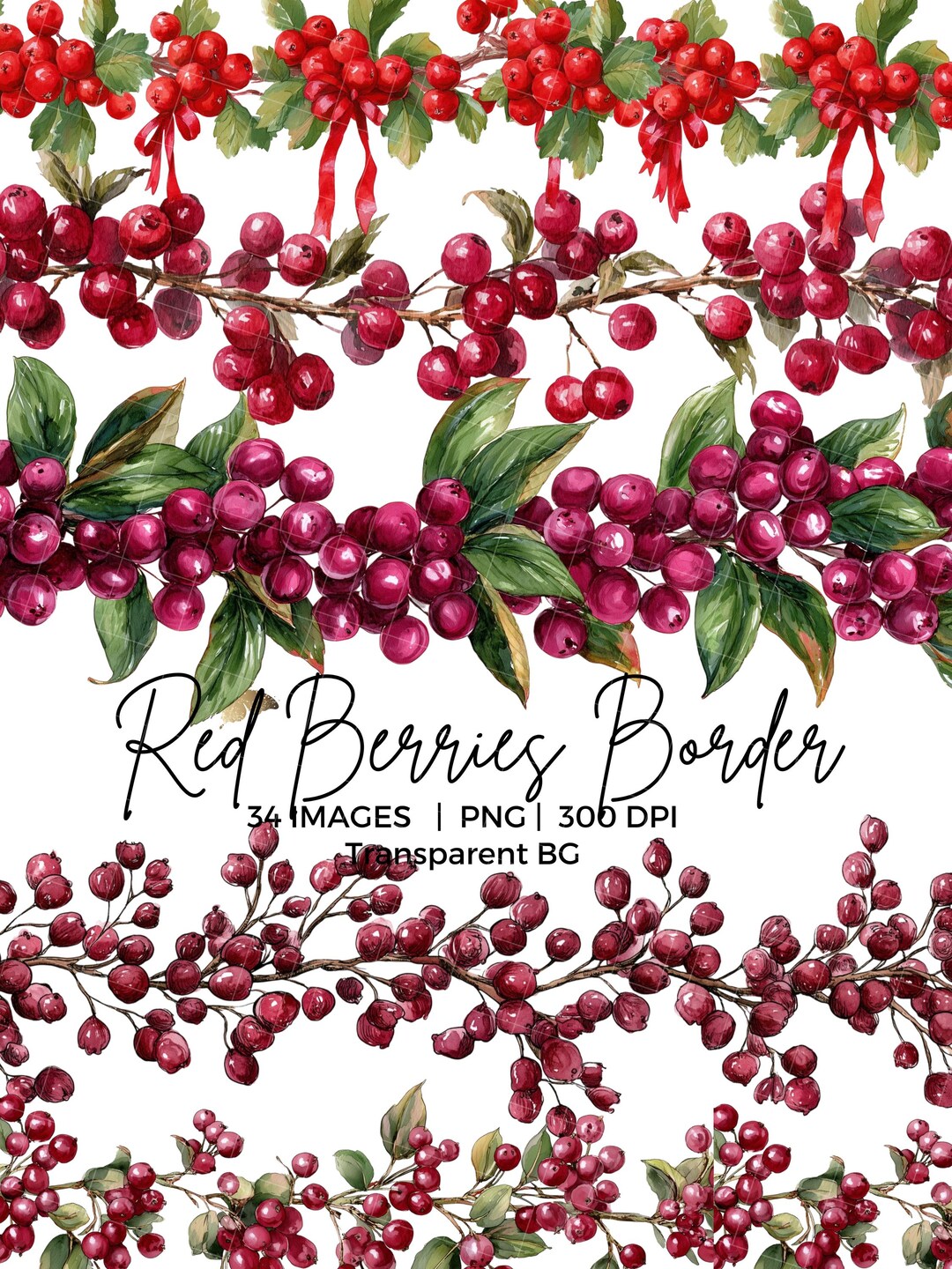 34 Christmas Red Berries Border & Garland PNG Clipart Bundle ...